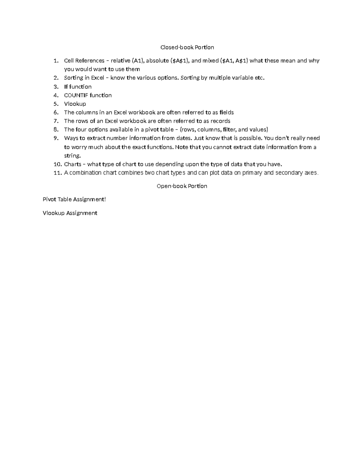 Exam Review Handout - Closed-book Portion 1. Cell References – relative ...
