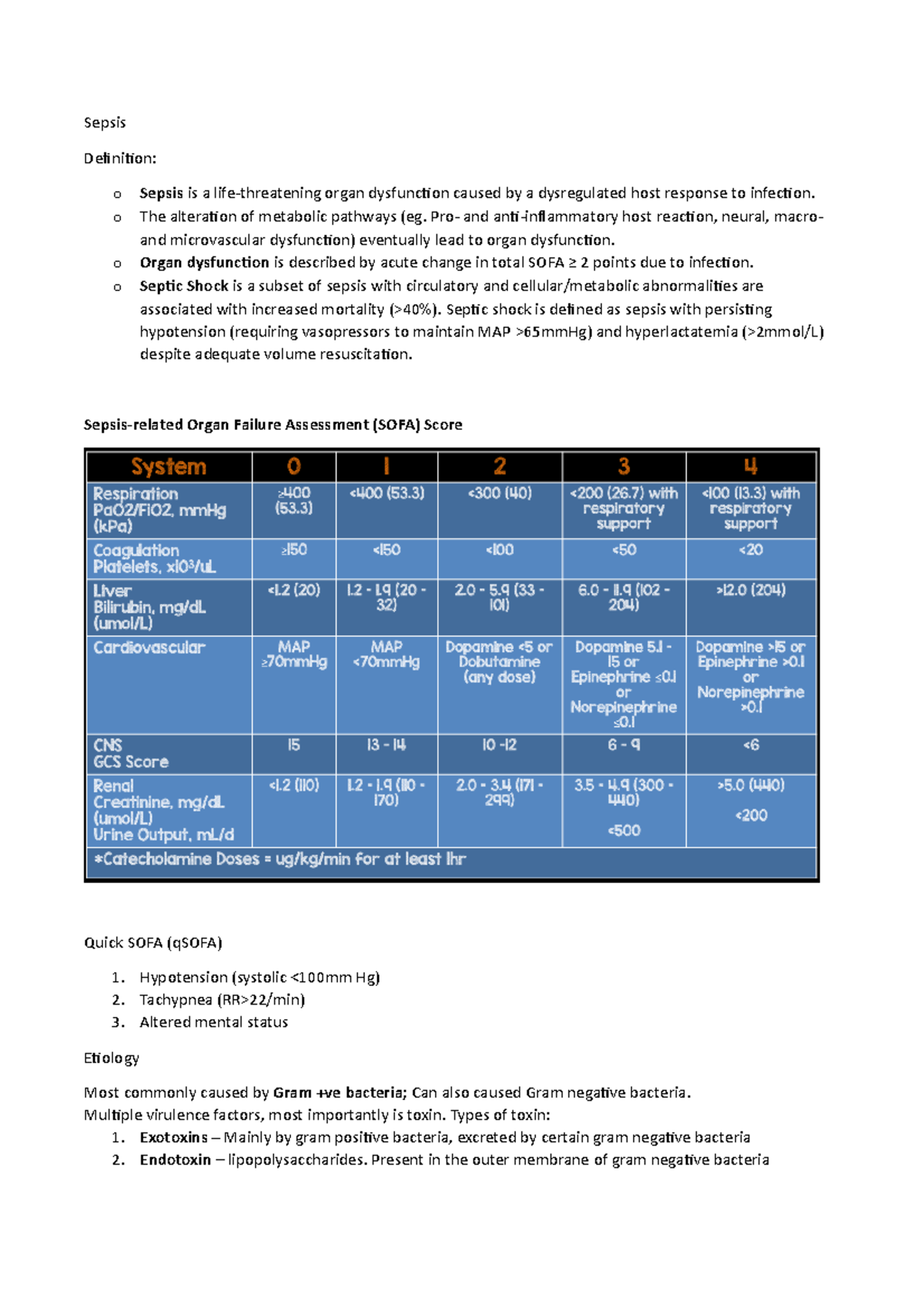 Sepsis - Sepsis-related Organ Failure Assessment (SOFA) Score - Doctor ...