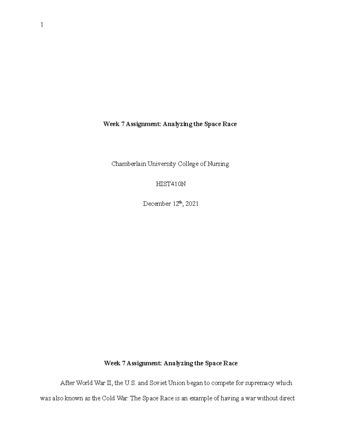 Assignment week 7 - Week 7 Assignment: Analyzing the Space Race Chamberlain University College ...