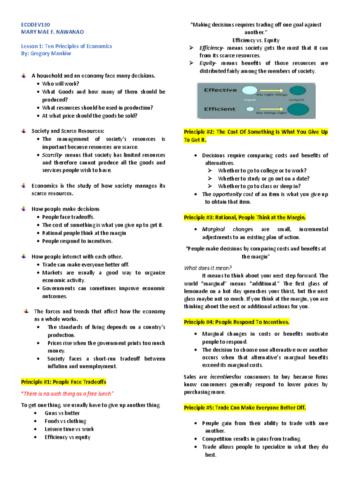 Ecodev 130 Lesson 1 3 - ECODEV MARY MAE F. NAWANAO Lesson 1: Ten Principles of Economics By ...