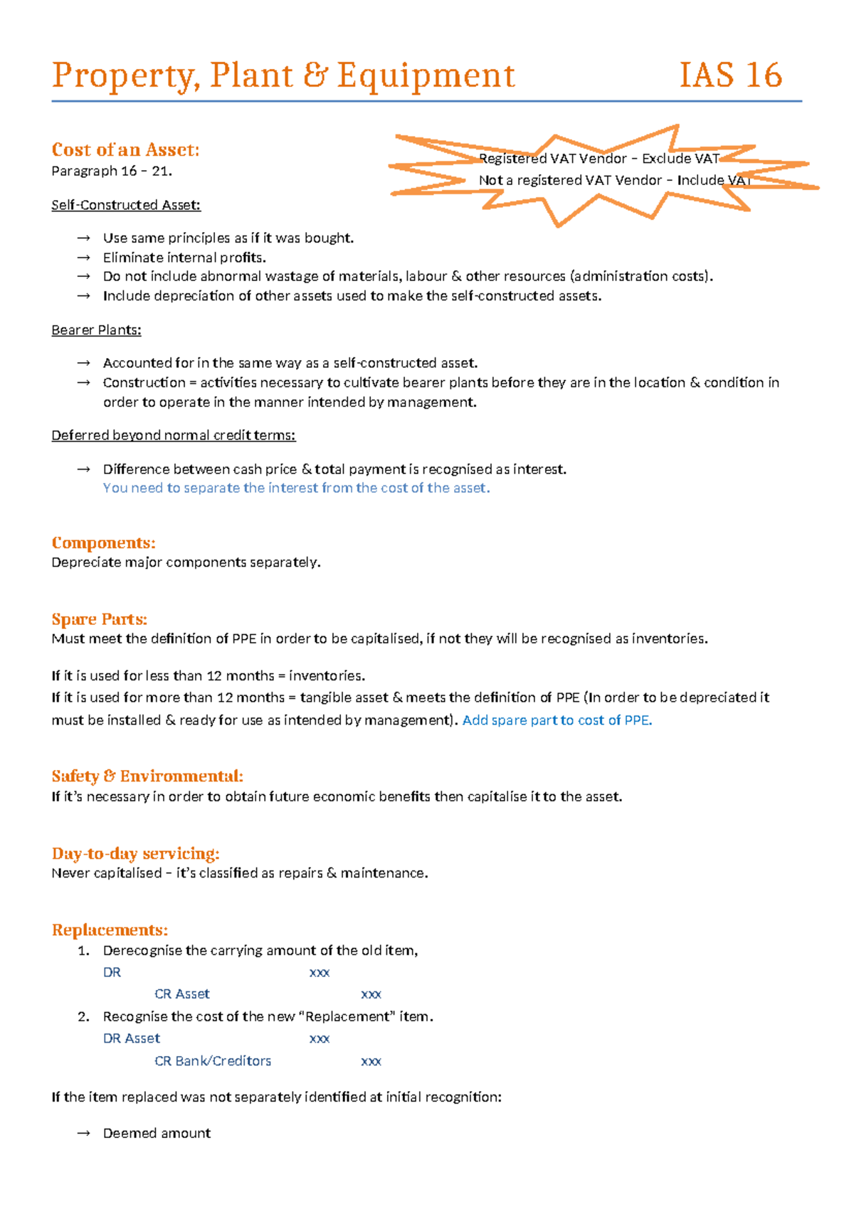 PPE IAS 16 - PPE notes - Property, Plant & Equipment IAS 16 Cost of an ...