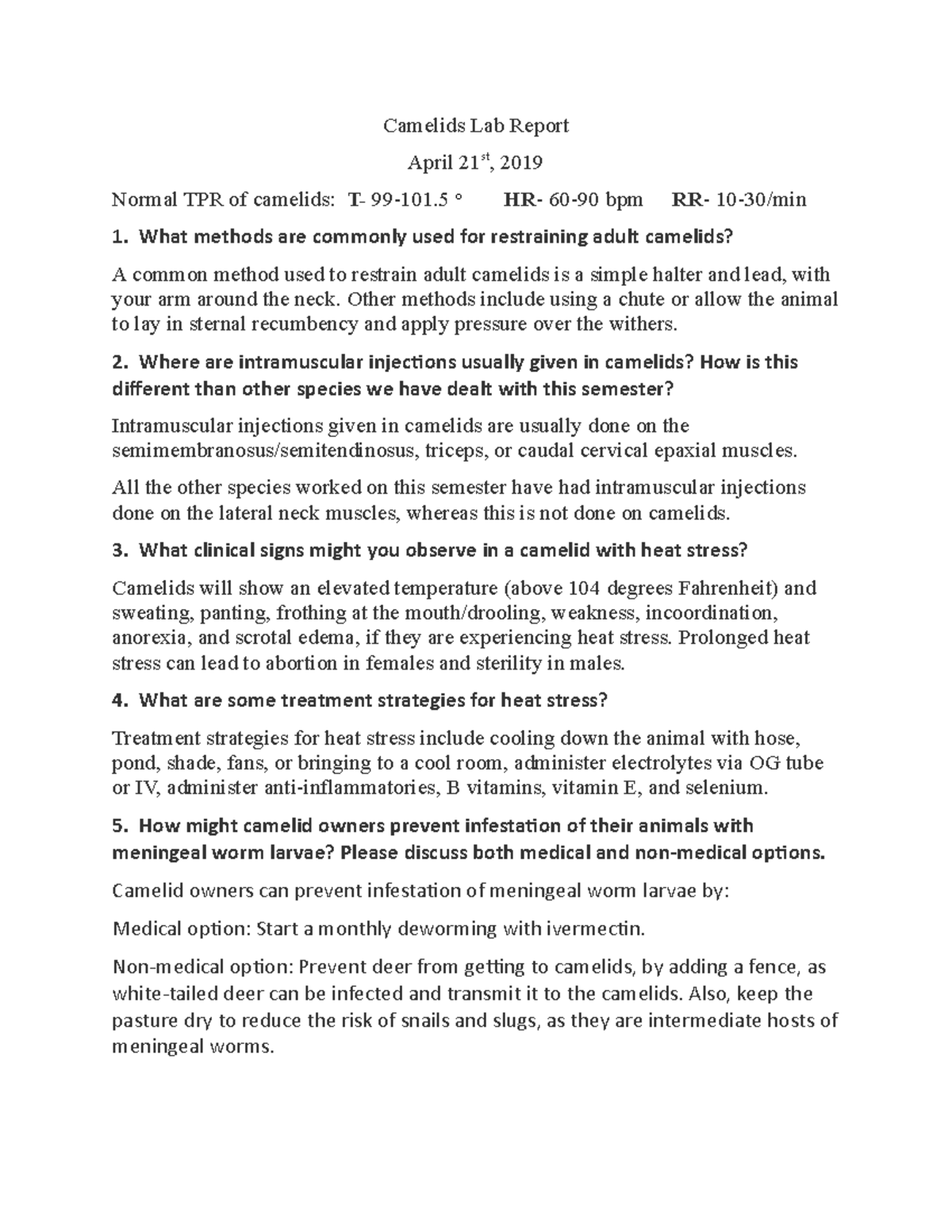 Large Animal Lab Report 8 - Camelids Lab Report April 21st, 2019 Normal ...