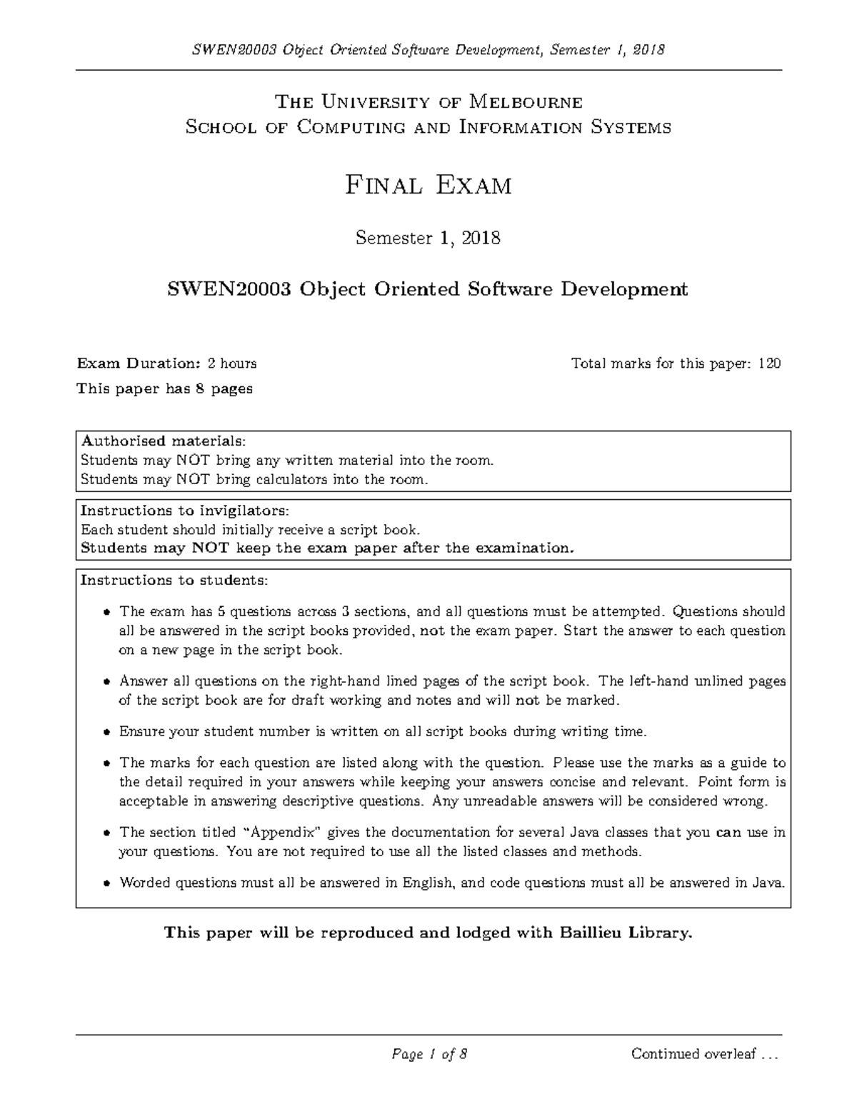 Exam 1 November 2018, questions - SWEN20003 Object Oriented Software Development, Semester 1 ...