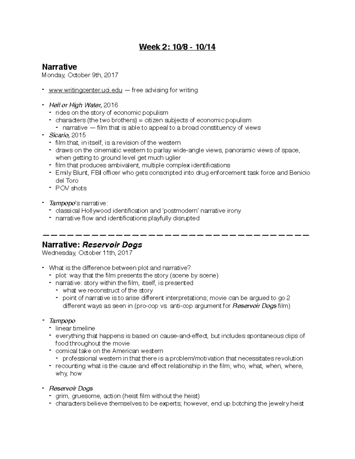 Week 2 - Lecture notes 2 - Week 2: 10/8 - 10/14 Narrative Monday ...