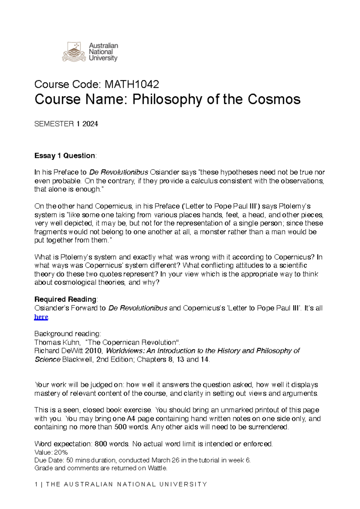 MATH1042 Essay 1 2024 - Sample Questions - Course Code: MATH Course ...