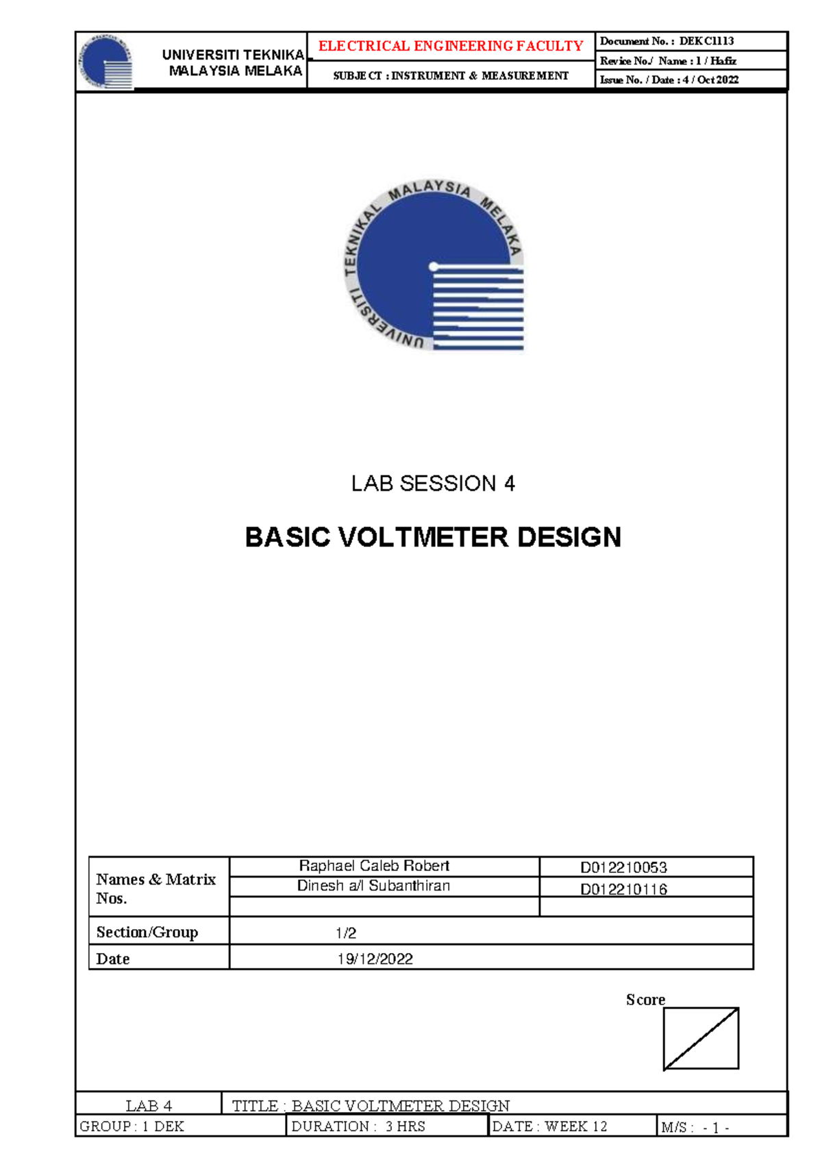 Lab Report Experiment 4 Basic Voltmeter Design - ELECTRICAL ENGINEERING ...