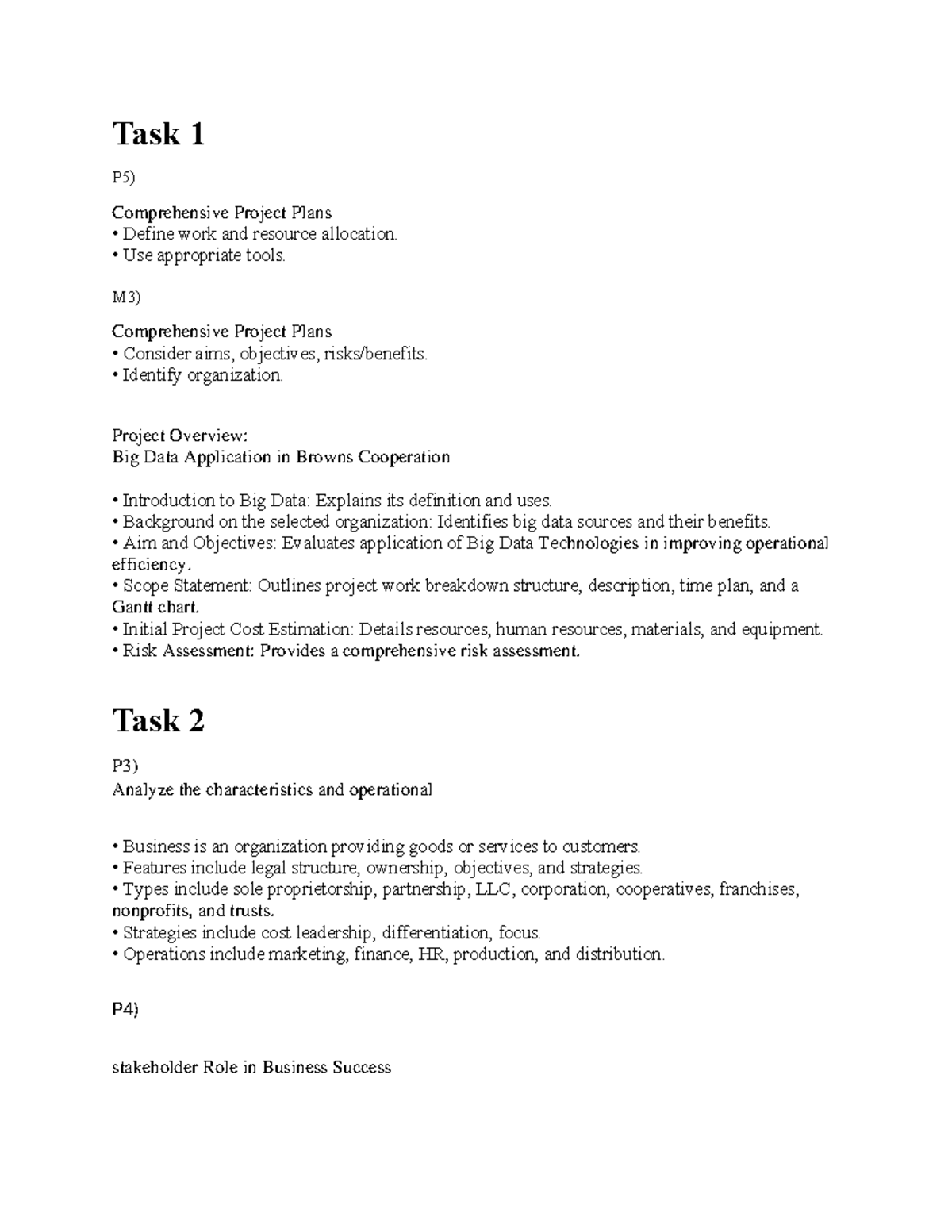 Pcptask 12 Summary Hnd In Computing Task 1 P5 Comprehensive Project Plans • Define Work