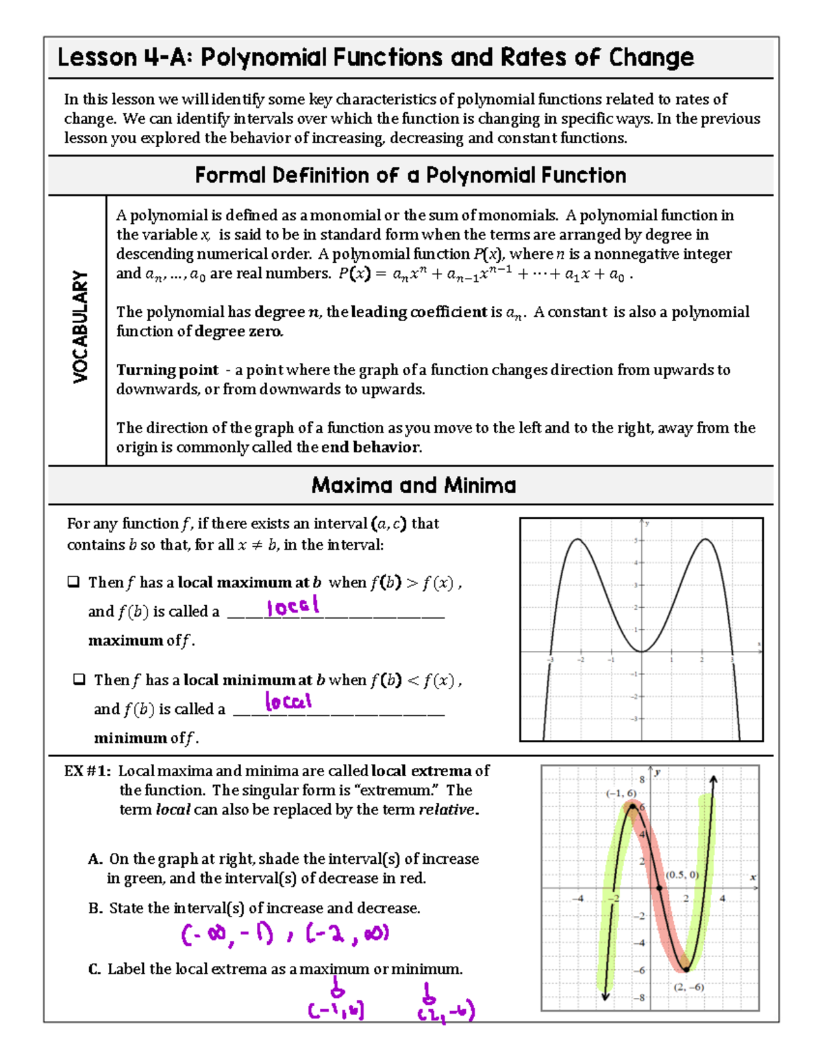 1.4 Polynomial Functions Rates of Change - Lesson 4-A: Polynomial ...