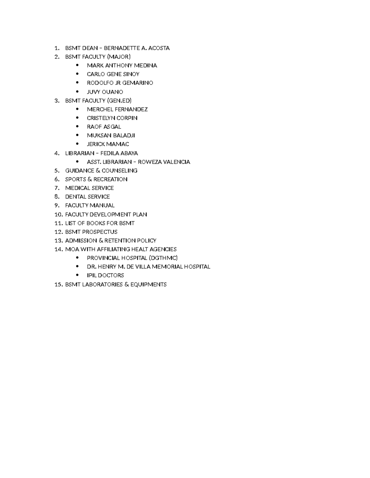 BSMT Check LIST - 1. BSMT DEAN – BERNADETTE A. ACOSTA 2. BSMT FACULTY ...