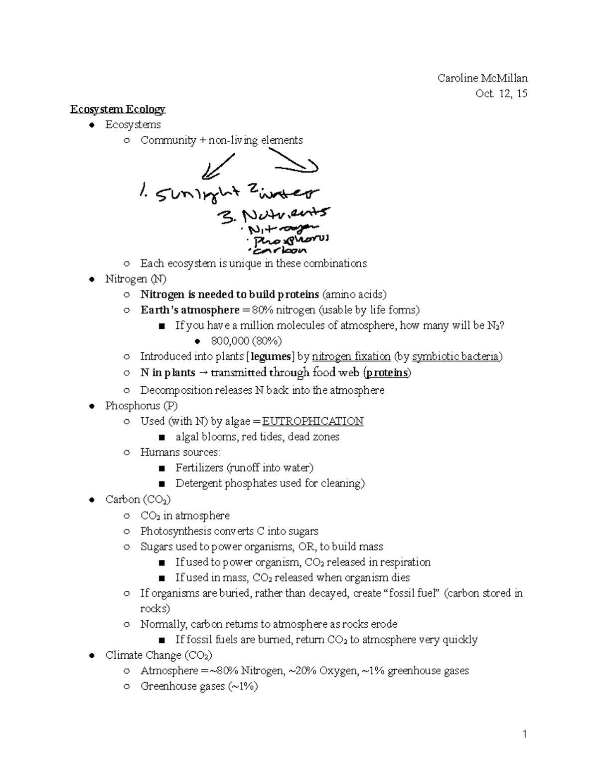 Ecosystem Ecology - Lecture notes Unit Two - Caroline McMillan Oct. 12 ...