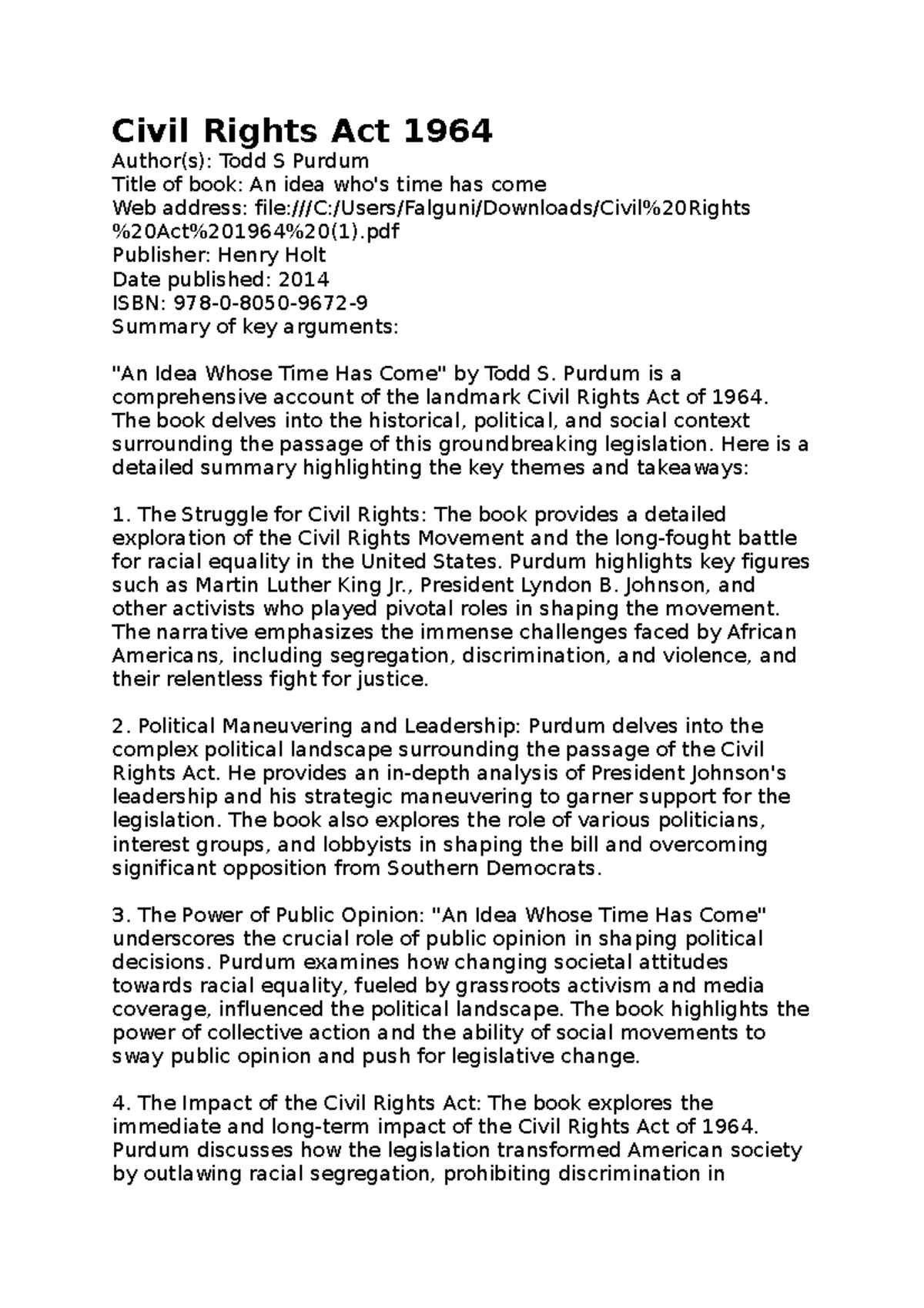 Civil Rights Act 1964 - bvfffffffffffffffffffffffffff - Civil Rights Act 1964 Author(s): Todd S ...