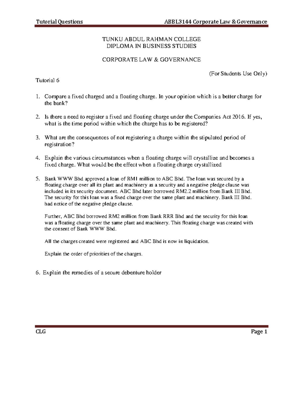 Tutorial 6 - Communications - Tutorial Questions ABBL3144 Corporate Law & Governance TUNKU ABDUL ...