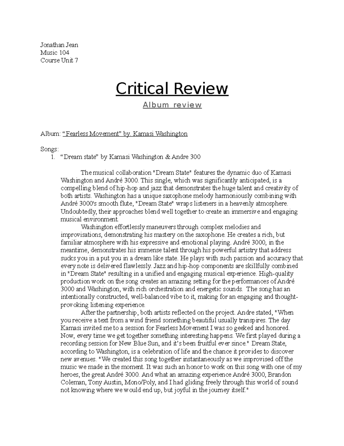 Music album rev - Jonathan Jean Music 104 Course Unit 7 Critical Review ...