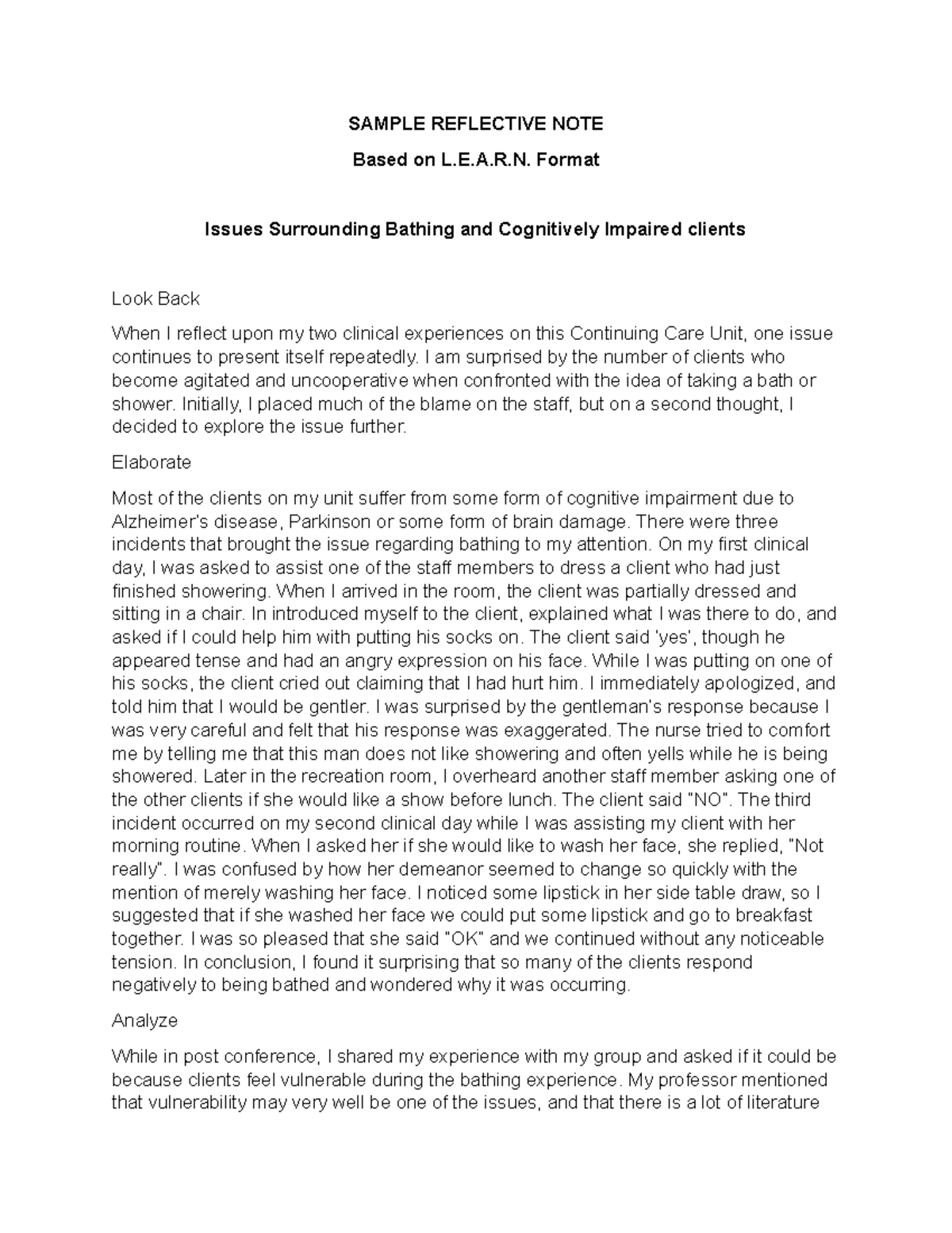 Sample Reflective NOTE - SAMPLE REFLECTIVE NOTE Based on L.E.A.R ...