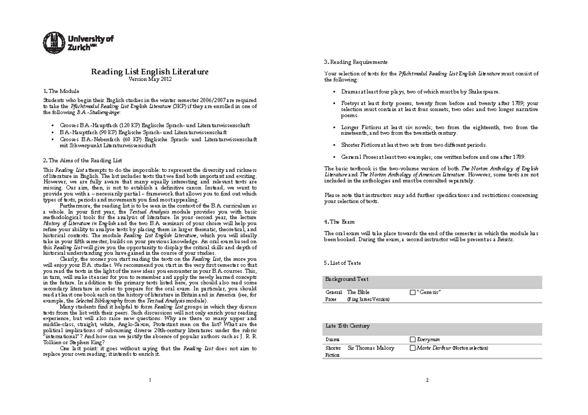 BA Reading List - Reading List English Literature Version May 2012 The ...