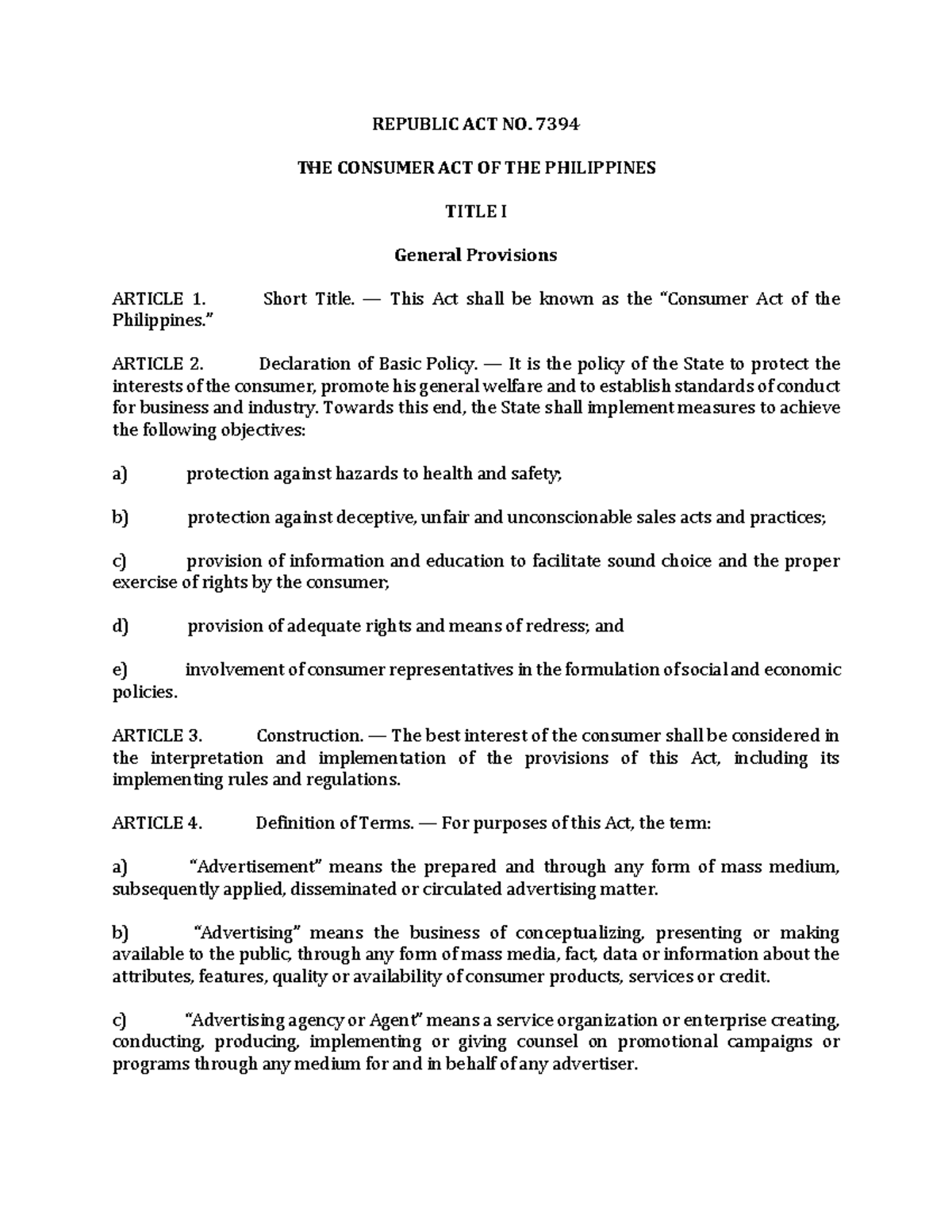 Consumer Act of the Philippines - REPUBLIC ACT NO. 7394 THE CONSUMER ...