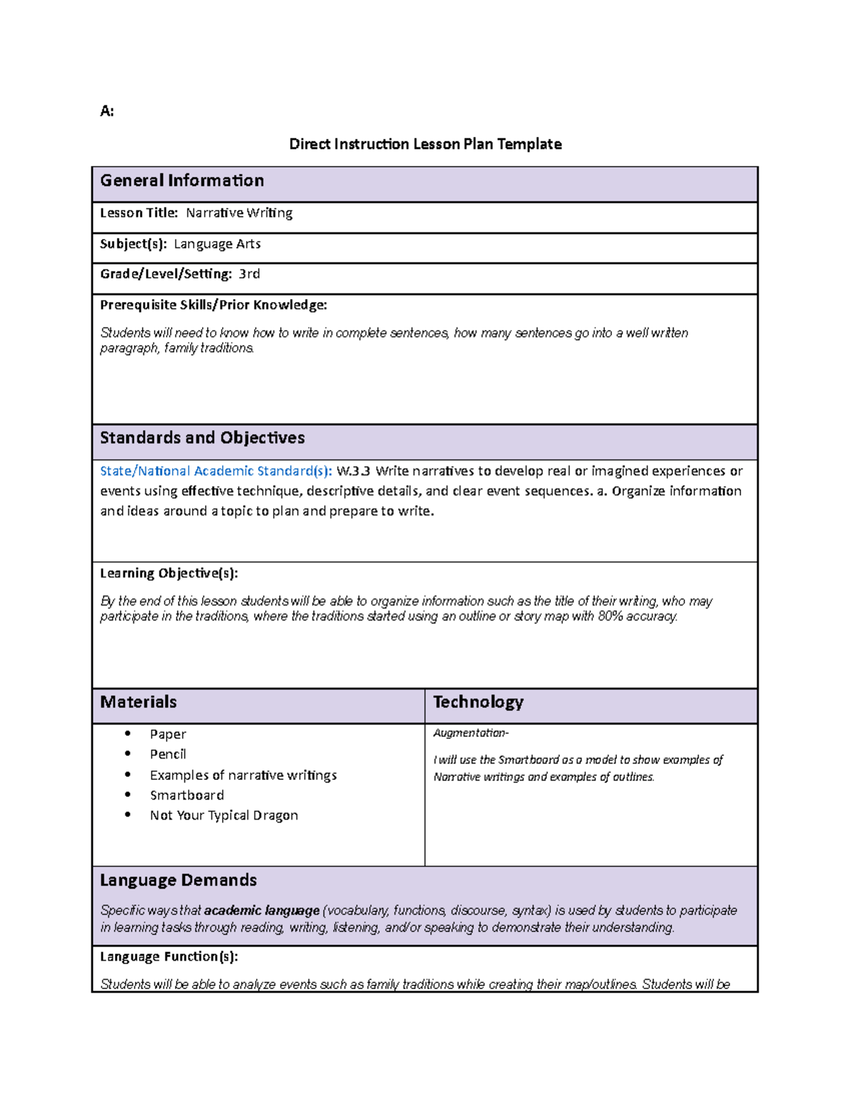 C365 writing lesson plan Language Arts - A: Direct Instruction Lesson Plan Template General ...