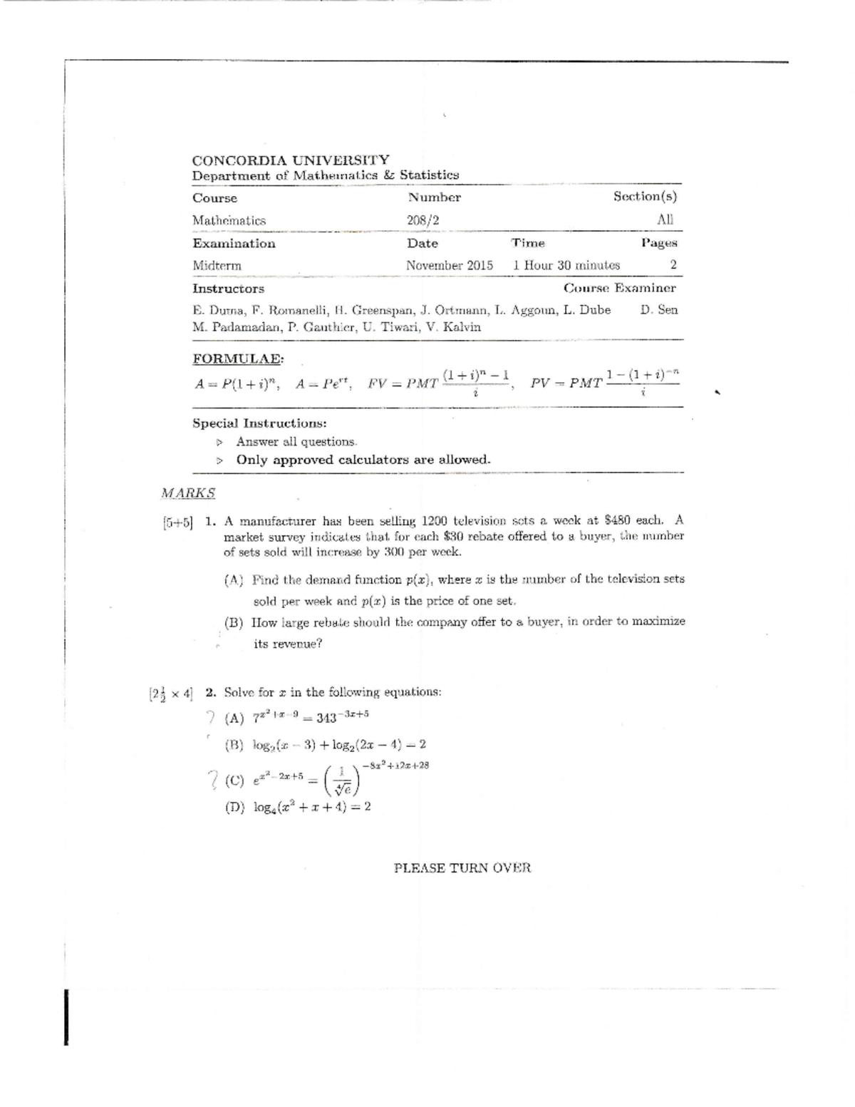 Midterm and Solutions Whole F2015 - CONCORDIA UNIVERSITY Department of Mathernatics & Statistics ...