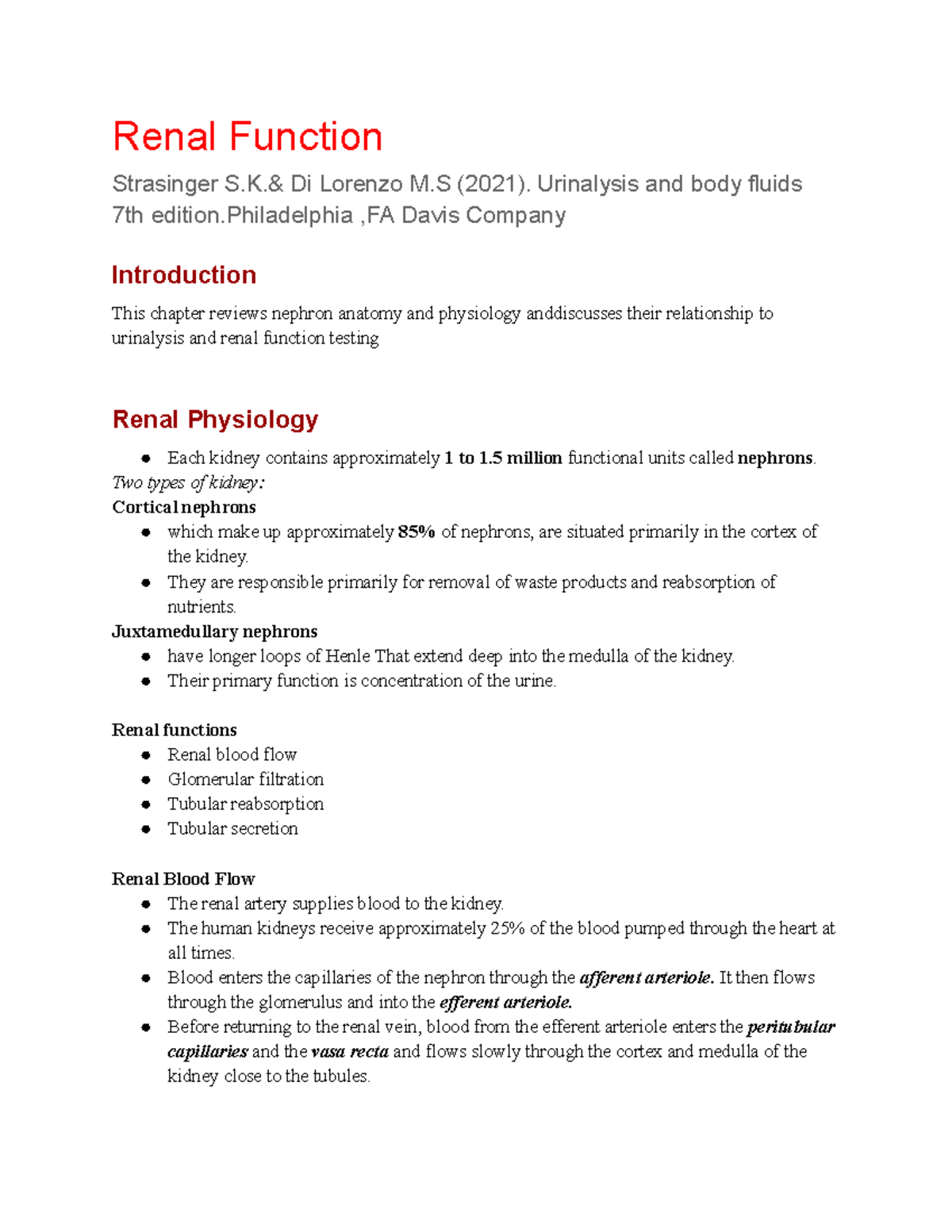Renal Function - Source: Strasinger S.K.& Di Lorenzo M.S (2021 ...