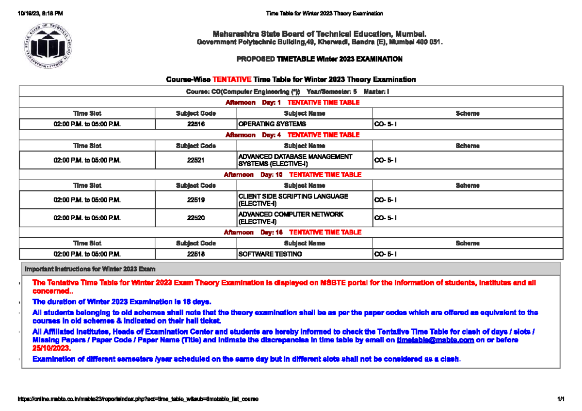 Tentative Time Table for Winter 2023 Theory Examination - Research Methods in Computer Science ...