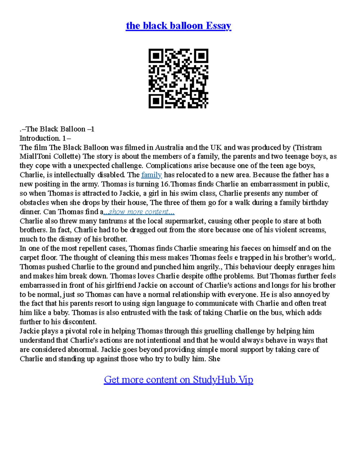 The Black Balloon Essay - the black balloon Essay .–The Black Balloon ...