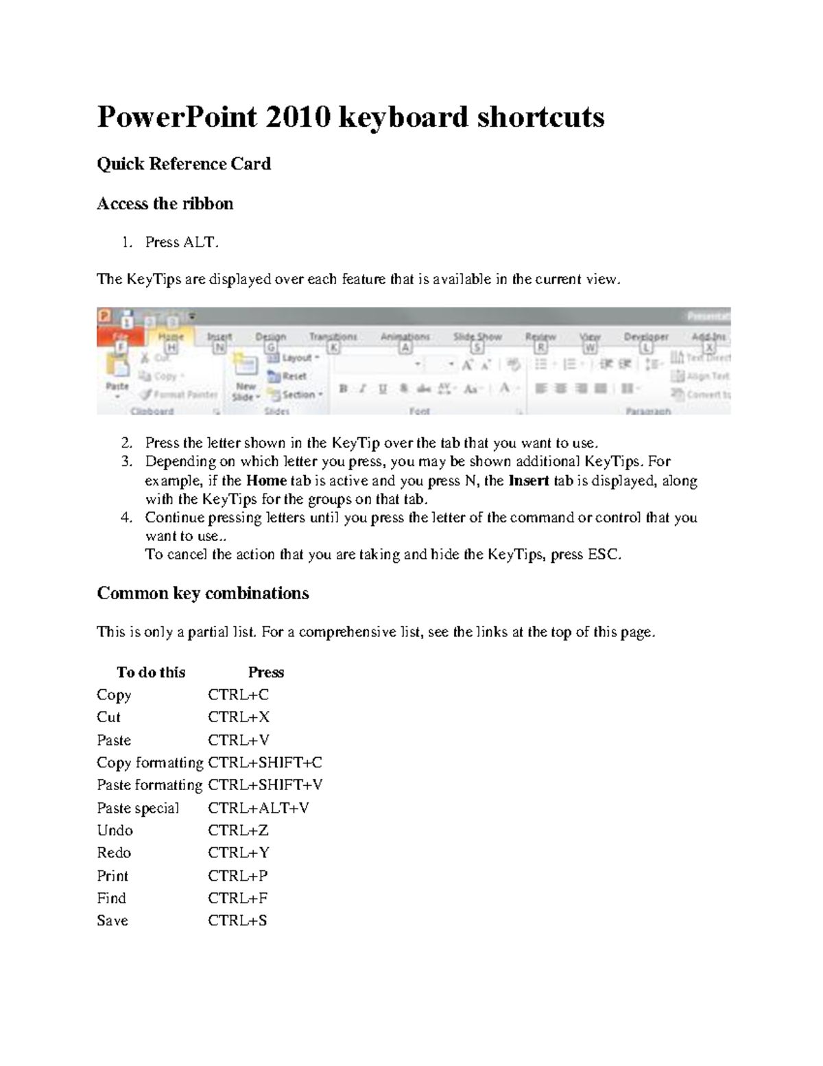 Power Point Module 9 Quick Reference Guide - PowerPoint 2010 keyboard ...