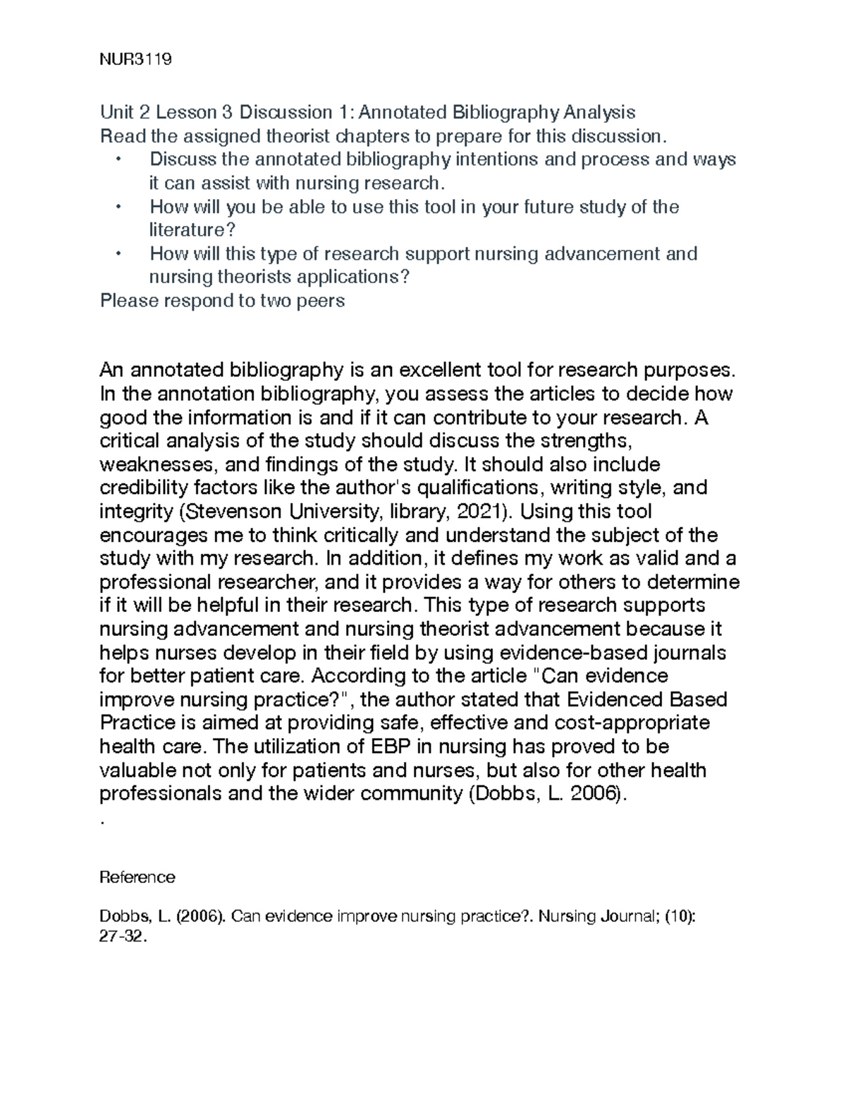 Annotated Bibliography Analysis draft - NUR Unit 2 Lesson 3 Discussion ...