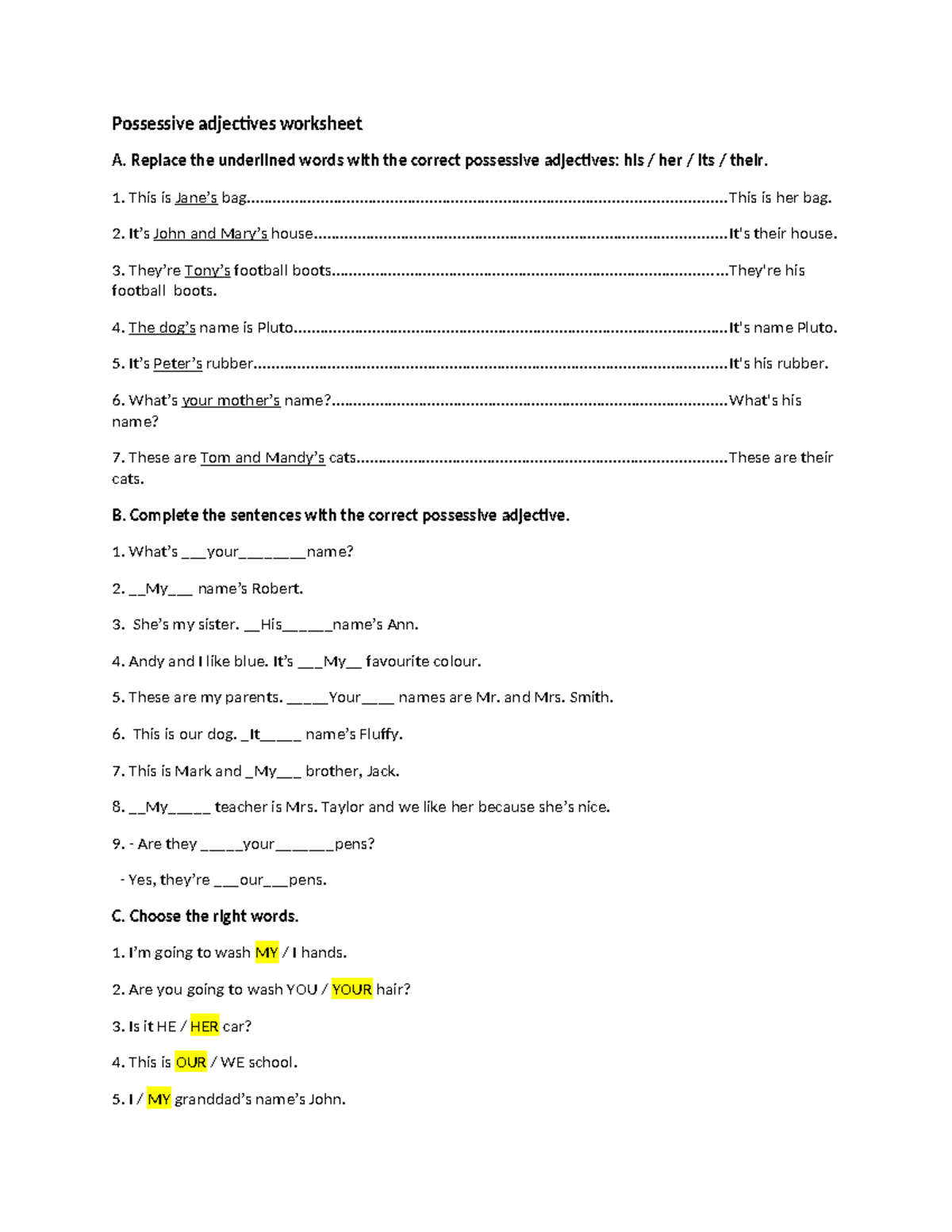 Possessive adjectives worksheet-1 - Replace the underlined words with ...