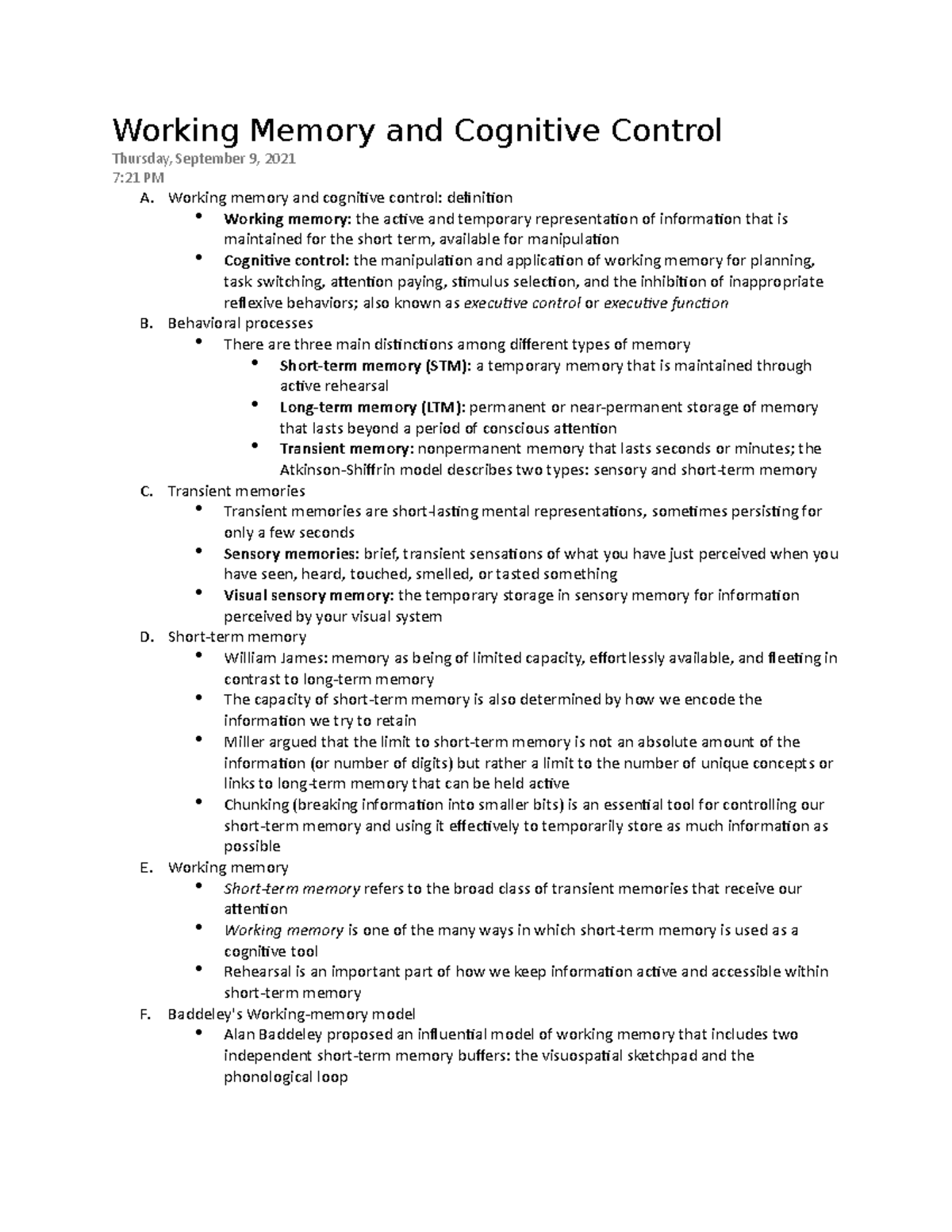 Learning and Memory ch - Working Memory and Cognitive Control Thursday ...