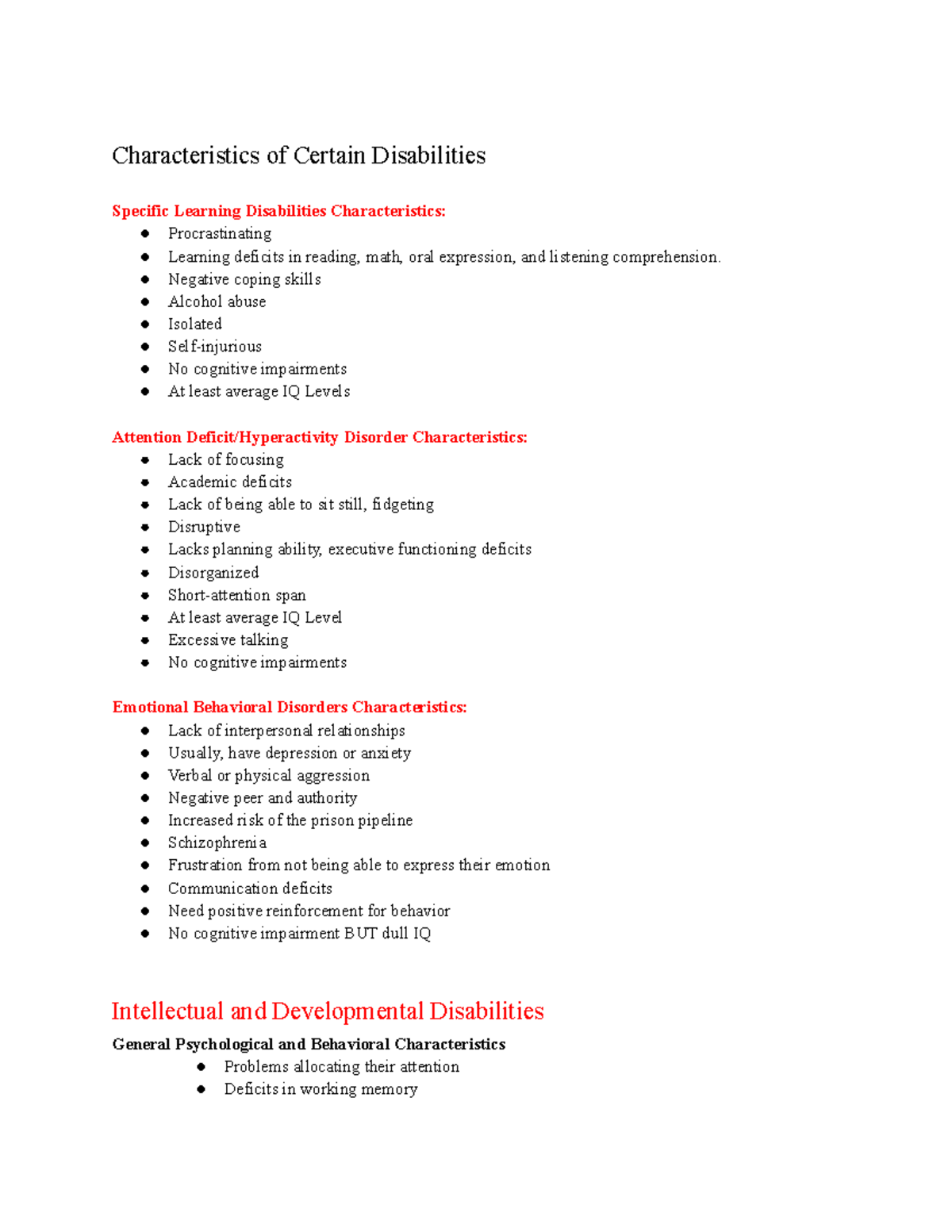 Characteristics of Certain Disabilities - Characteristics of Certain ...