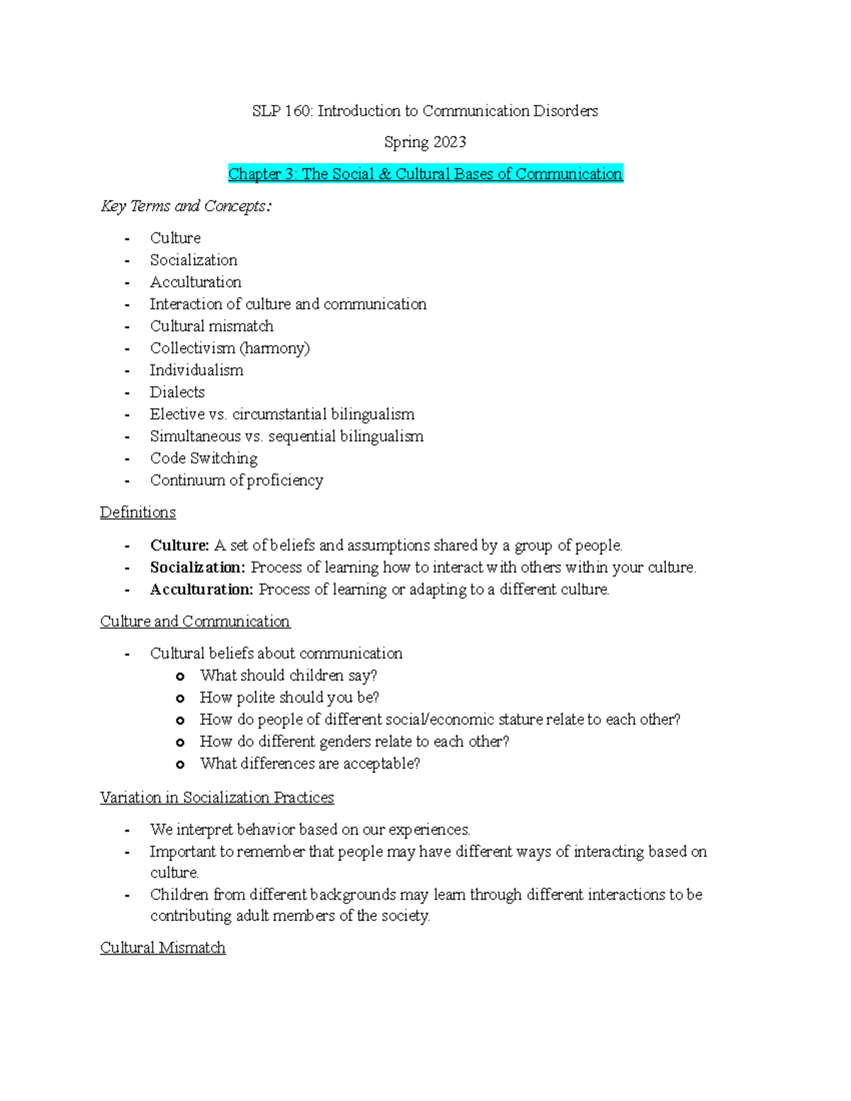 SLP 160 Notes - SLP 160: Introduction to Communication Disorders Spring ...