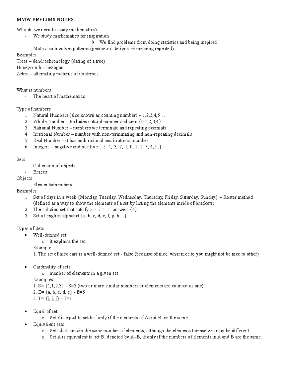 MMW Prelimss - set - MMW PRELIMS NOTES Why do we need to study ...