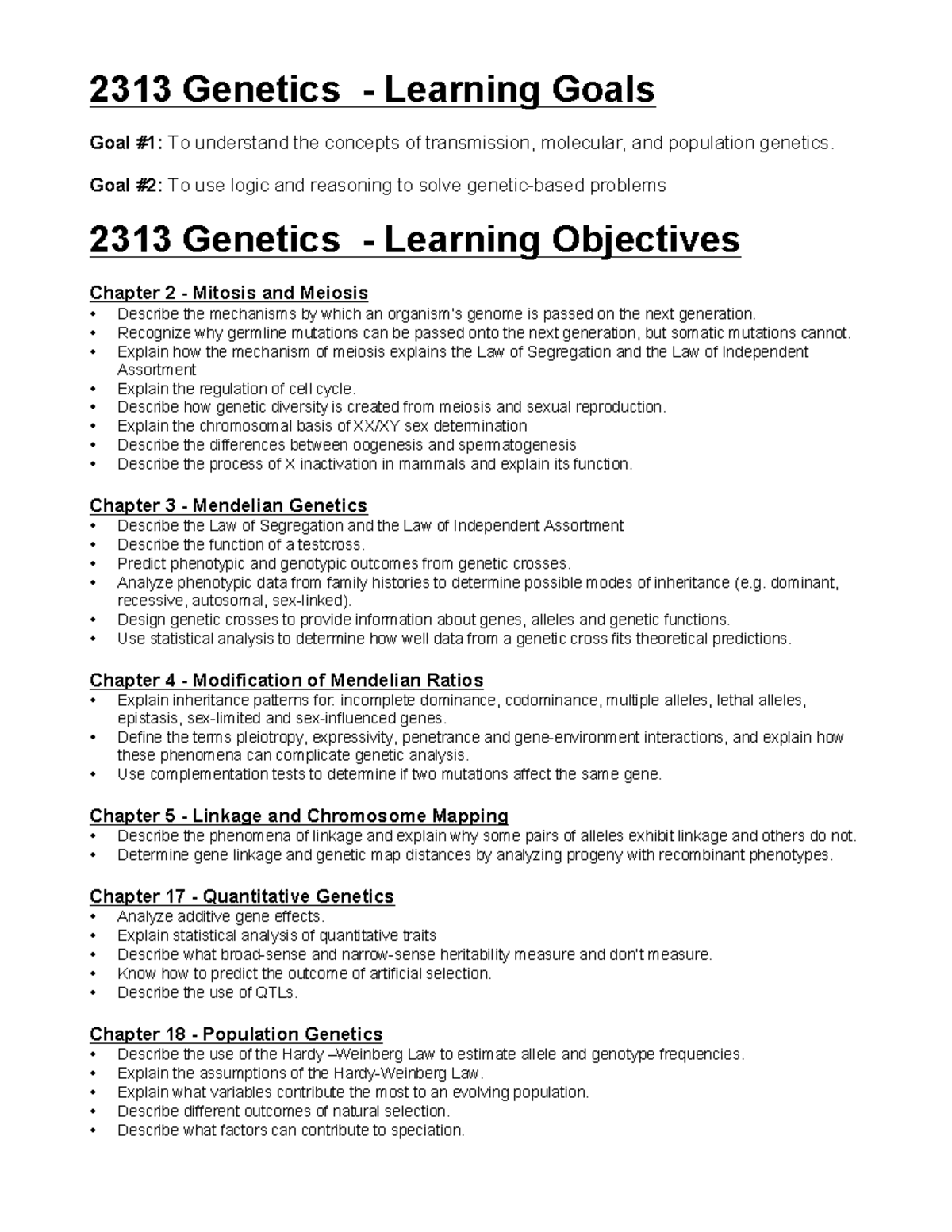 Genetic objectives - 2313 Genetics - Learning Goals Goal #1: To understand the concepts of - Studocu