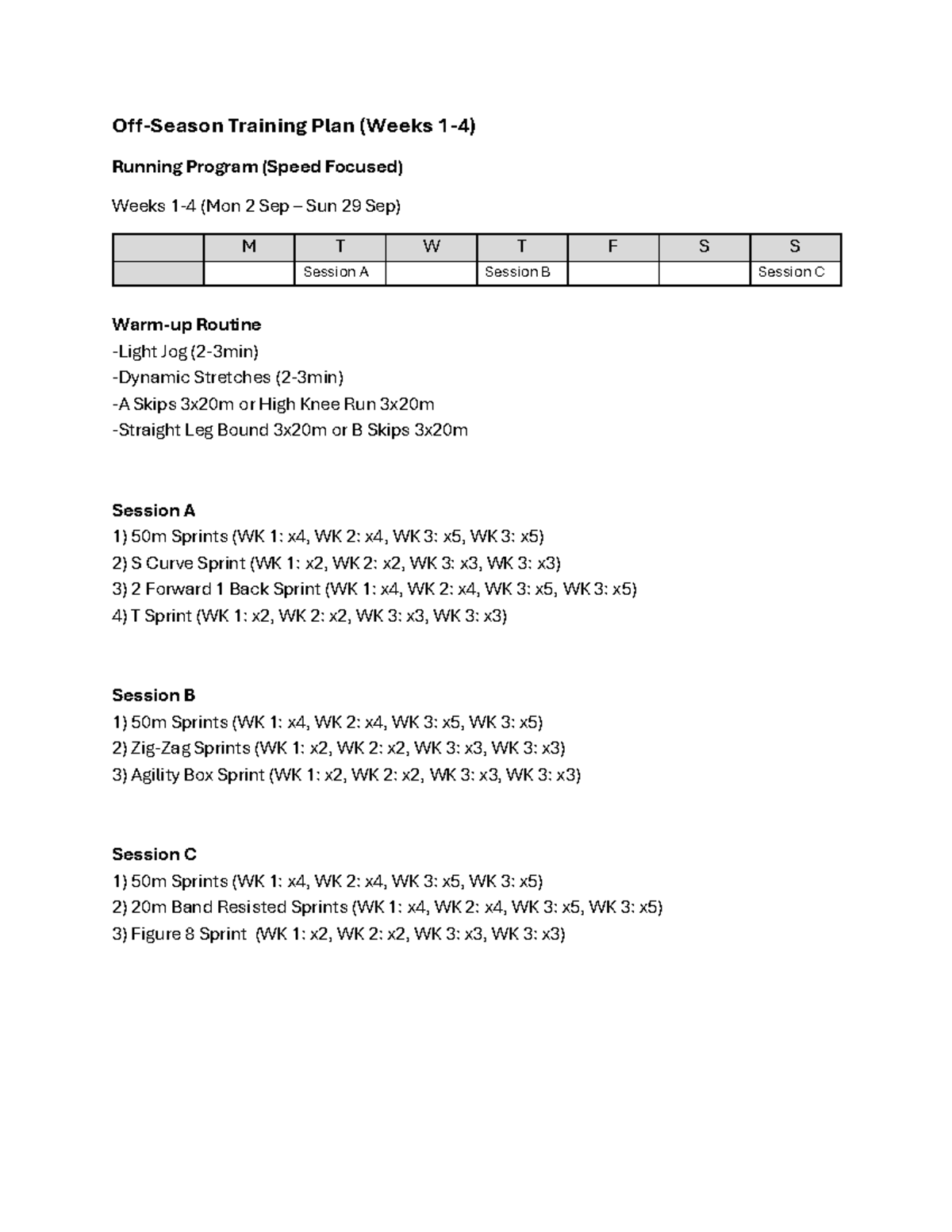 Off-Season Training Plan (Weeks 1-4) - Off-Season Training Plan (Weeks ...