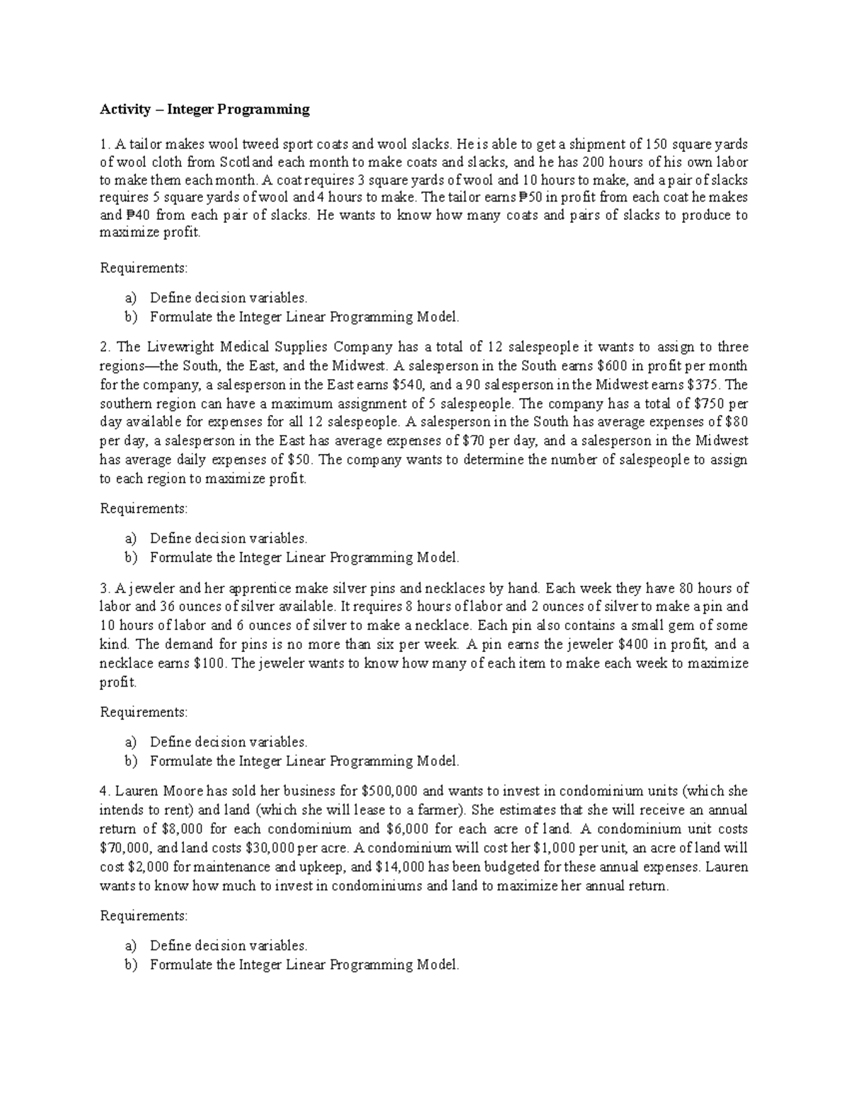 Quiz 2 Integer Programming Activity Integer Programming A Tailor Makes Wool Tweed Sport