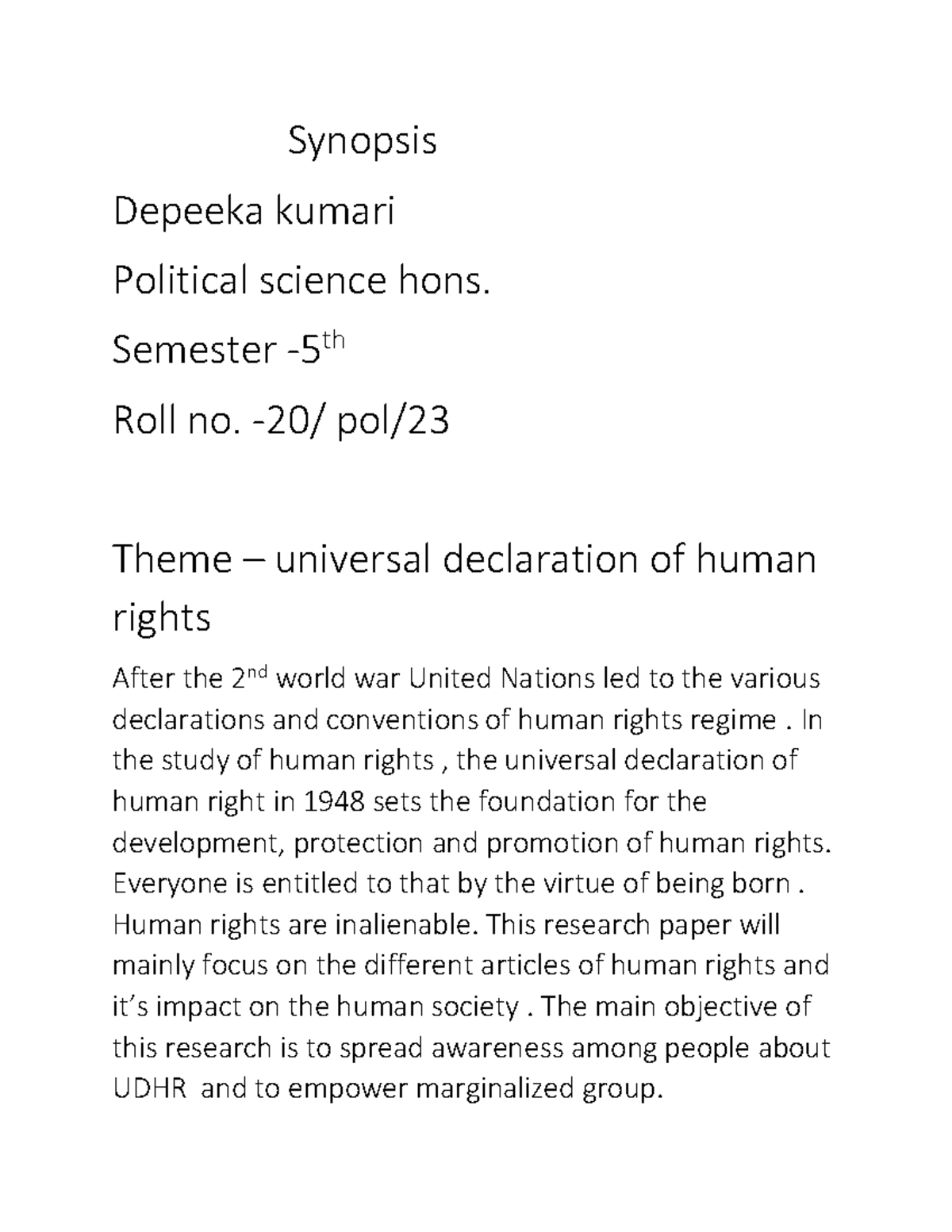Synopsis 3 - Synopsis Depeeka kumari Political science hons. Semester ...