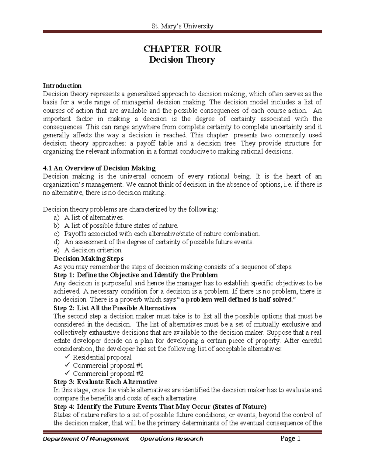 OR chapter four - Operation research - CHAPTER FOUR Decision Theory ...