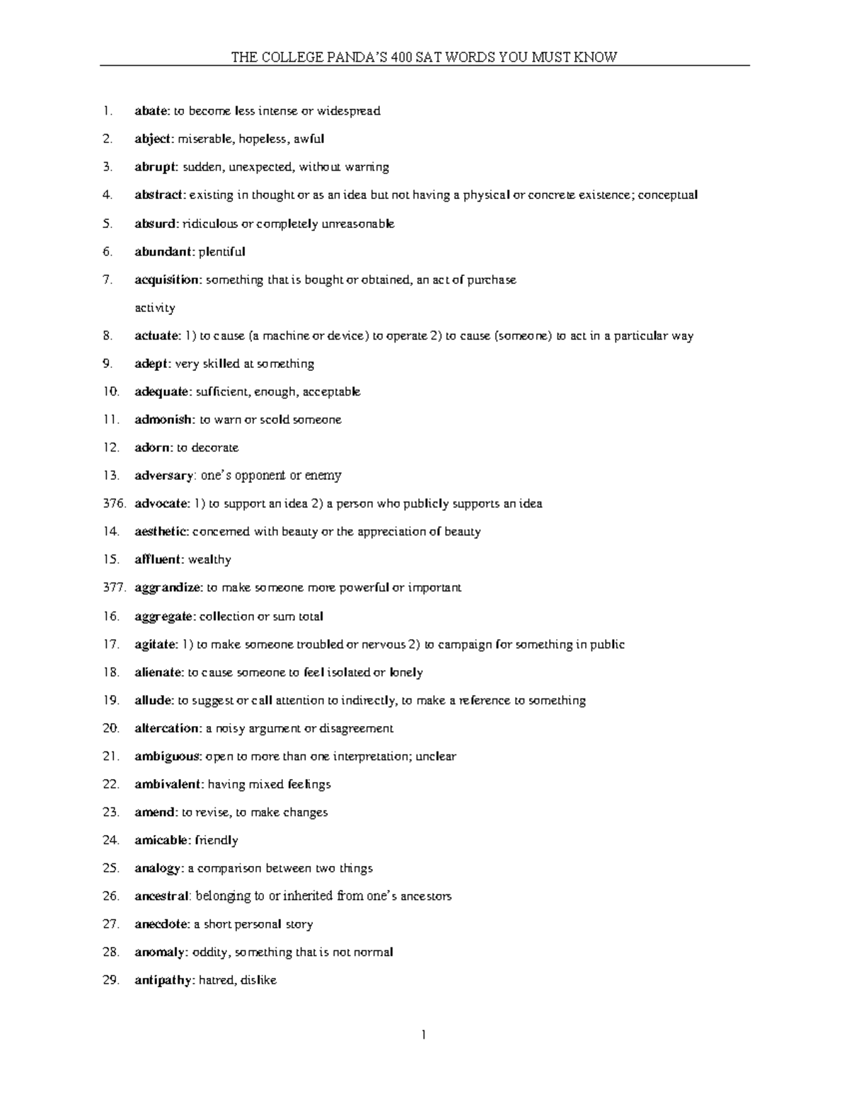 715681015 400 SAT Words College Panda A TO Z - abate: to become less ...