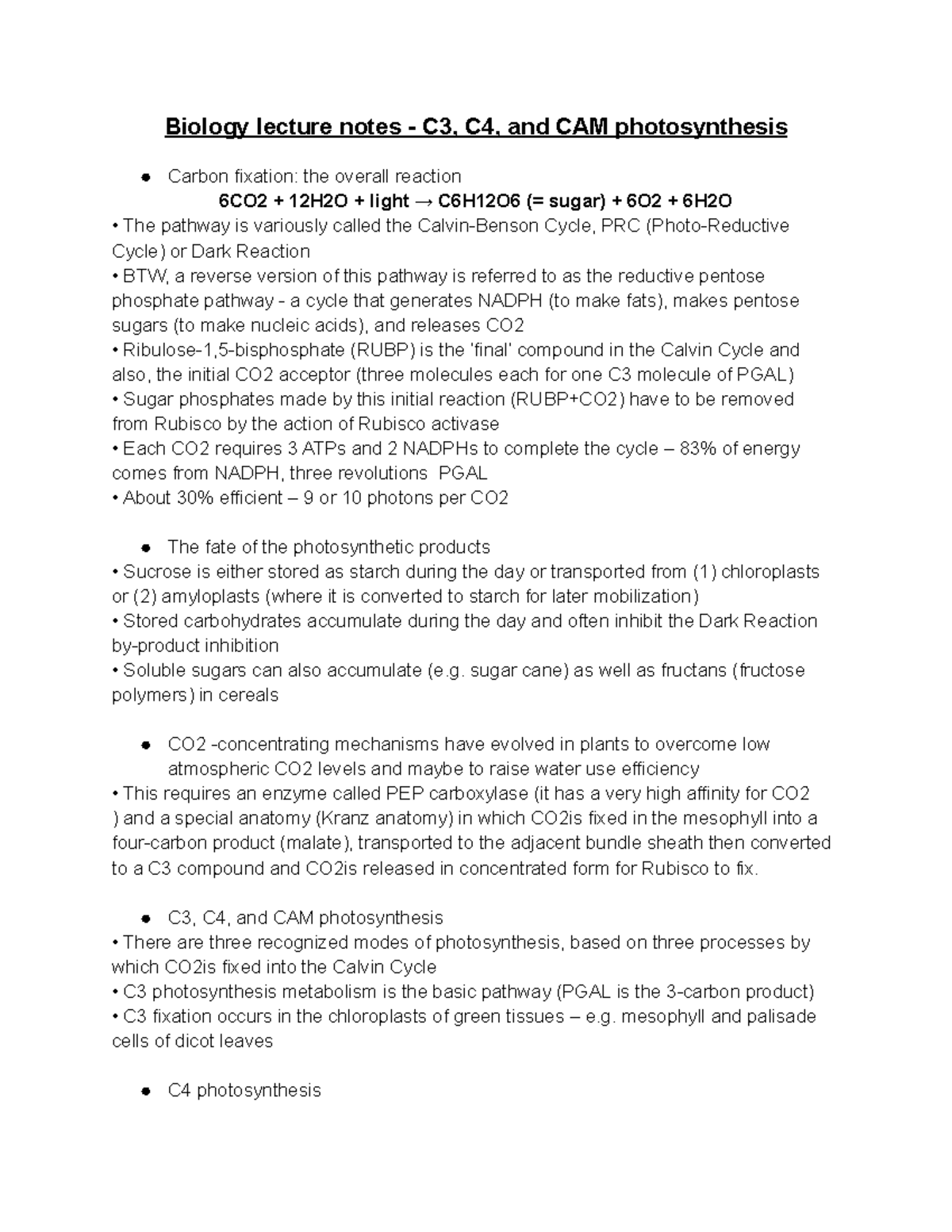 Biology lecture notes - C3, C4, and CAM photosynthesis - sugar cane) as ...