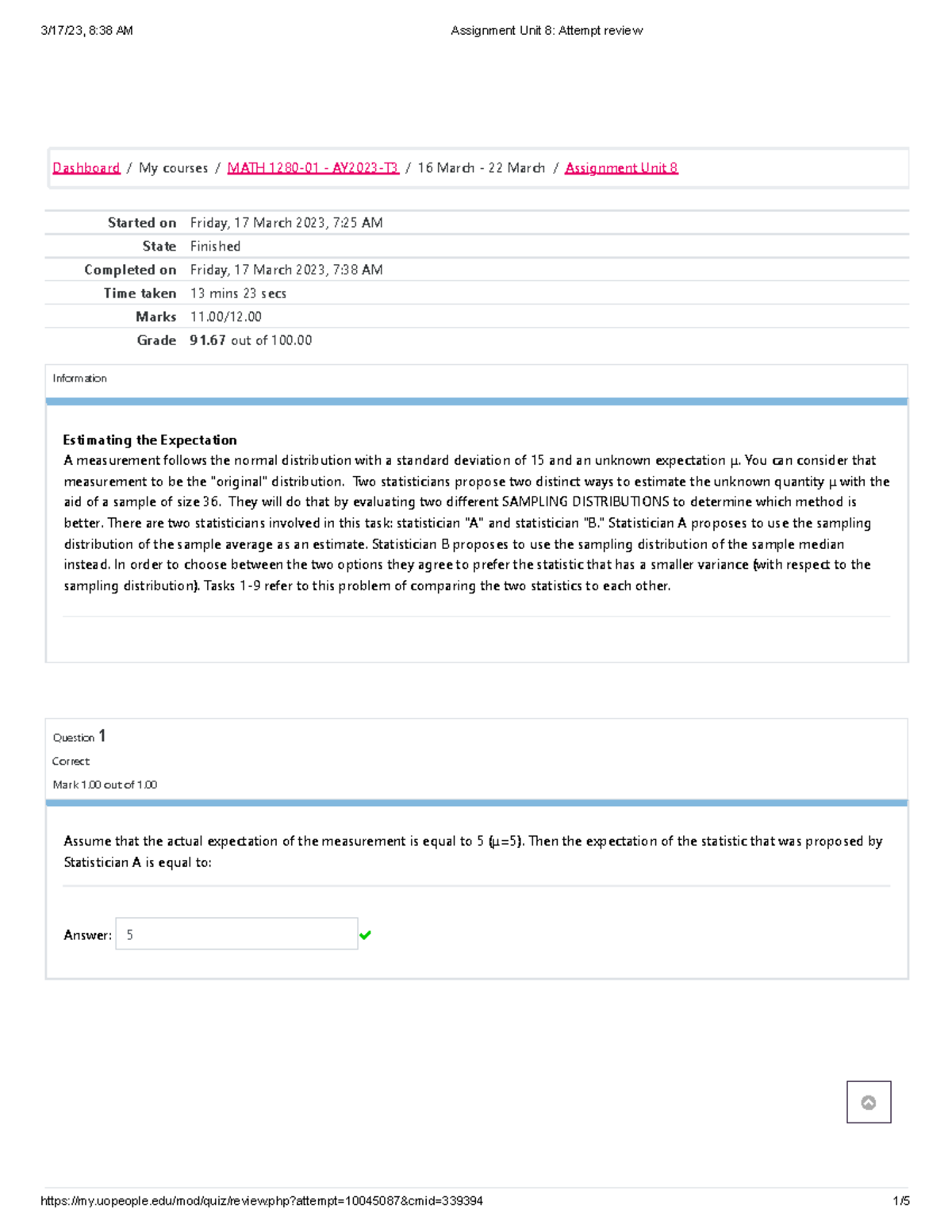 Assignment Unit 8 Statictics Quiz Started On Friday 17 March 2023 7