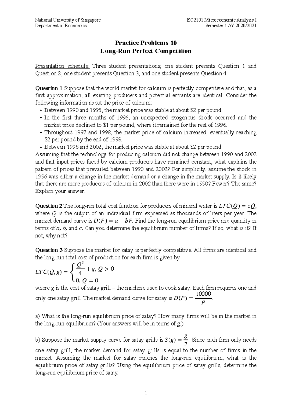EC2101 Long Run Perfect Competition Practice Problems 10 - National ...
