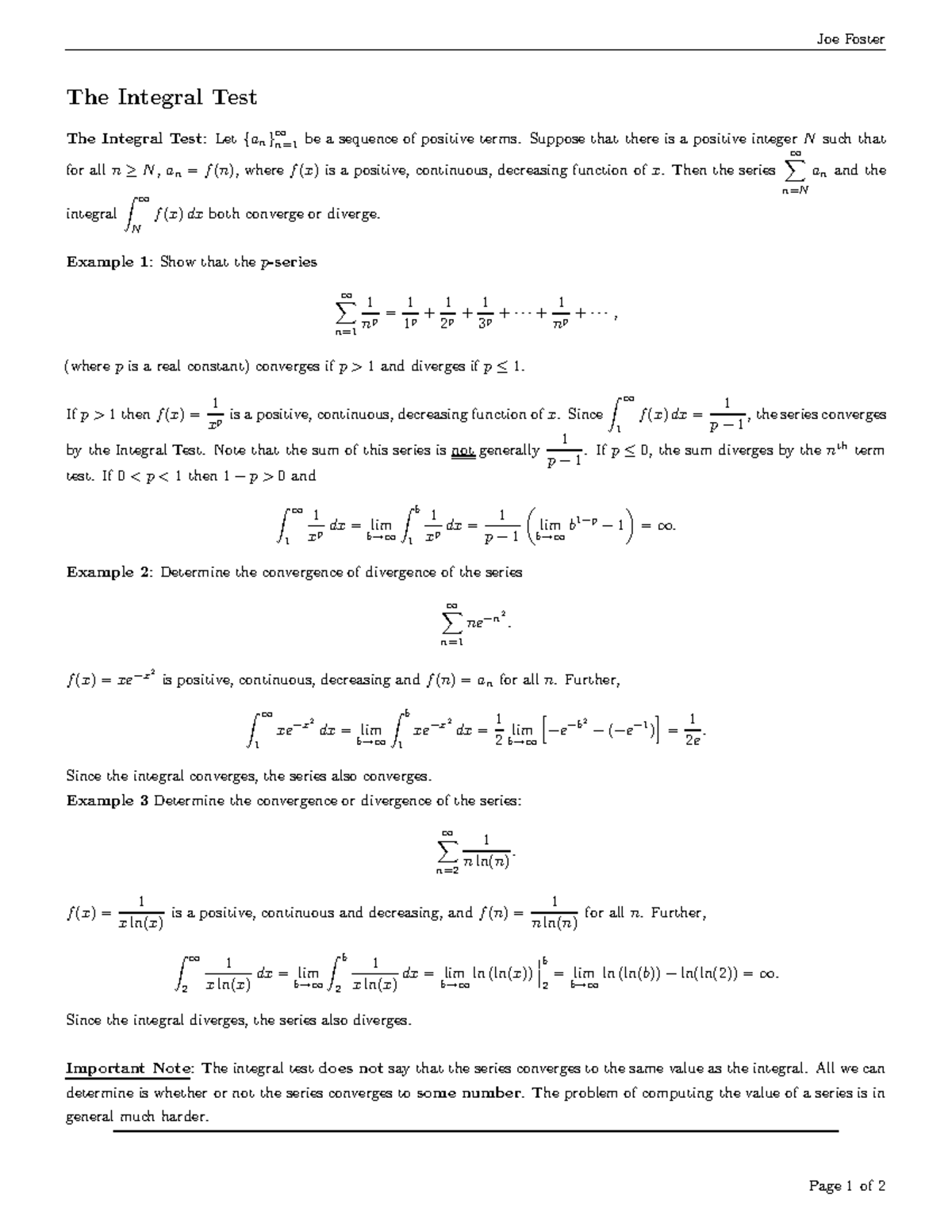 The Integral Test - Joe Foster The Integral Test The Integral Test: Let ...