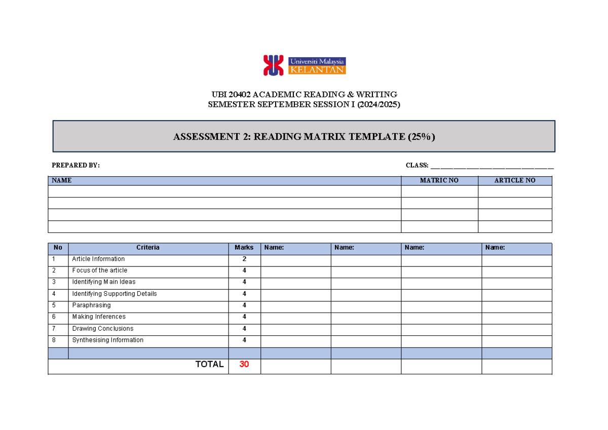 Sample Reading matrix Podcast - UBI 20402 ACADEMIC READING & WRITING ...