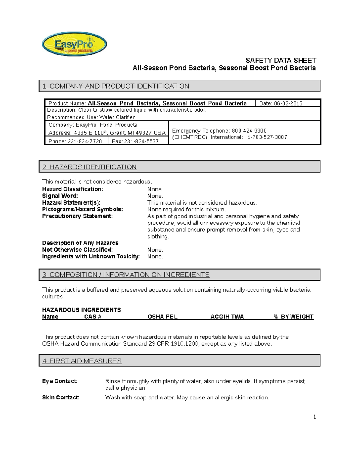 POND Bacteria - procedimiento - 1 SAFETY DATA SHEET All-Season Pond ...