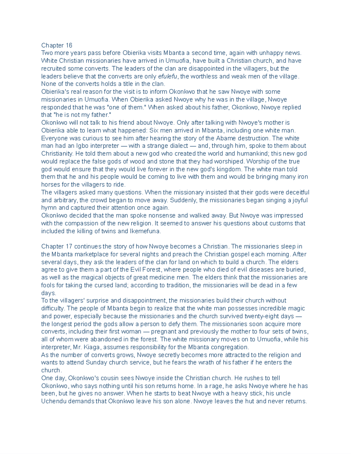 Things Fall Apart ch 16-17 - Chapter 16 Two more years pass before ...