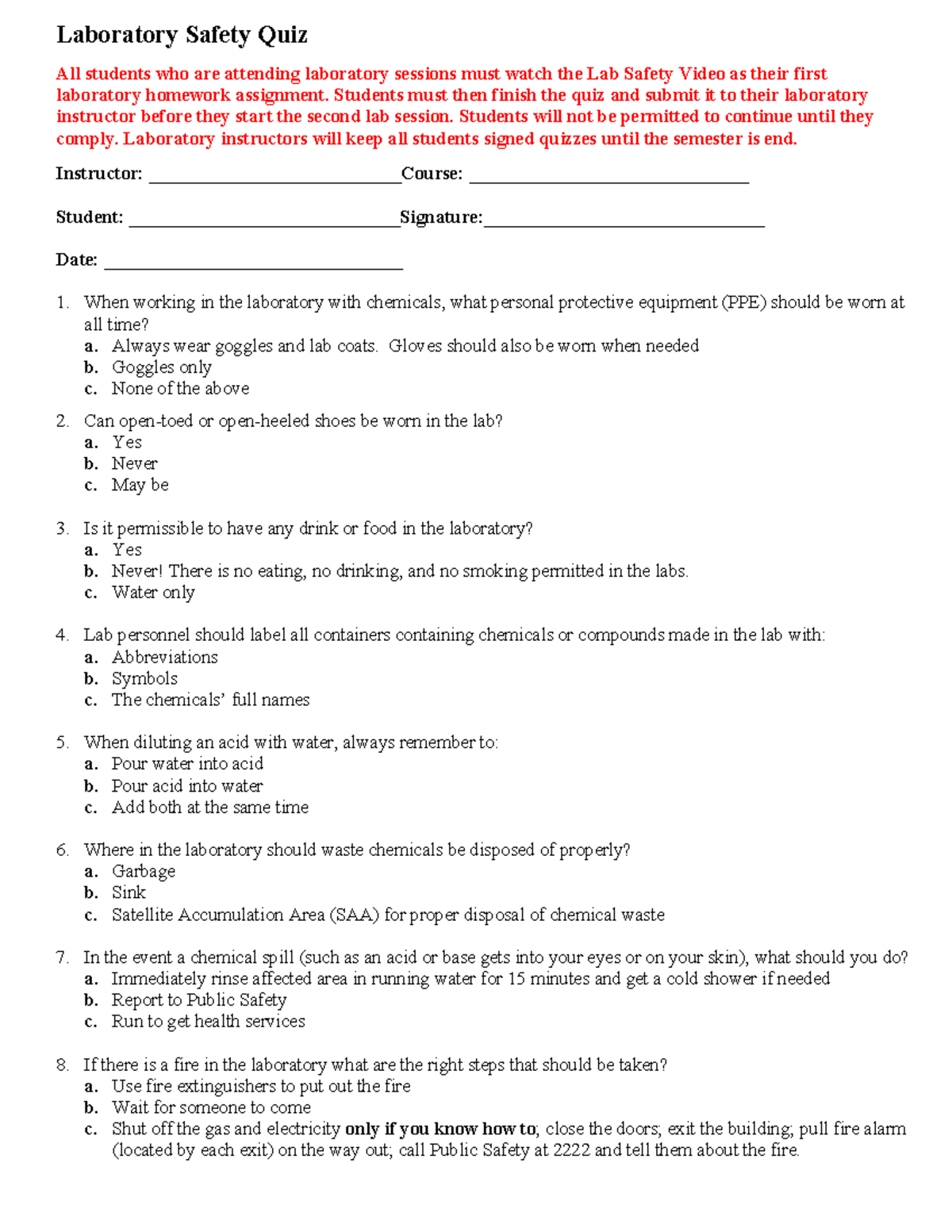 Laboratory Safety Quiz with Multiple Choice 2012 ua - Laboratory Safety ...