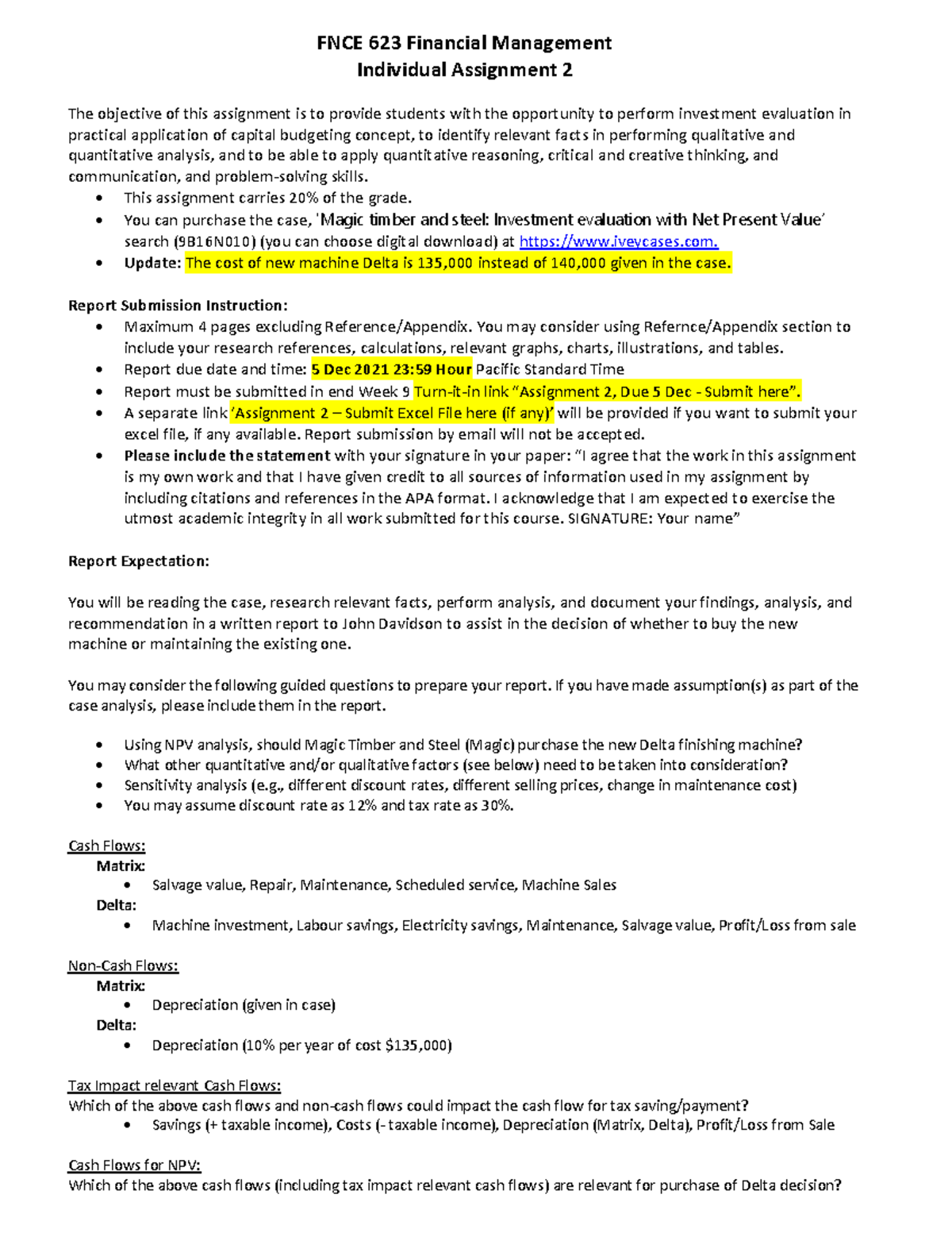 Assignment 2 Guidelines and Rubric - FNCE 623 - UCW - Studocu