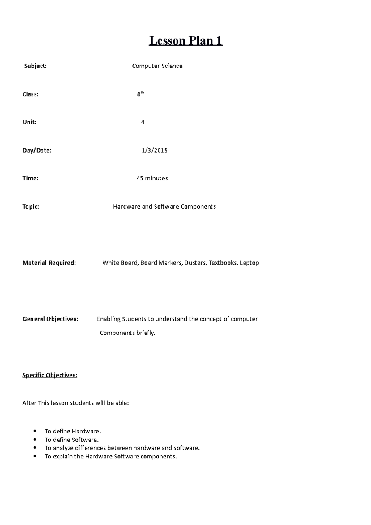 7TH 8TH Lesson PLAN COM ENG - Lesson Plan 1 Subject: Computer Science ...