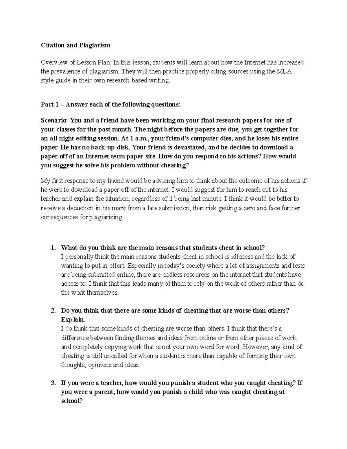 Plagiarism - Citation and Plagiarism Overview of Lesson Plan: In this ...