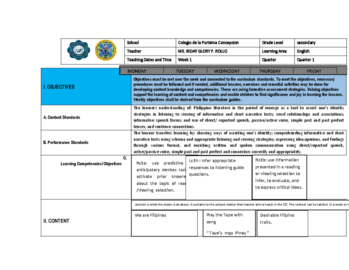 Lesson-Plan-2024 DLL. glory rollo - School Colegio de la Purisima ...